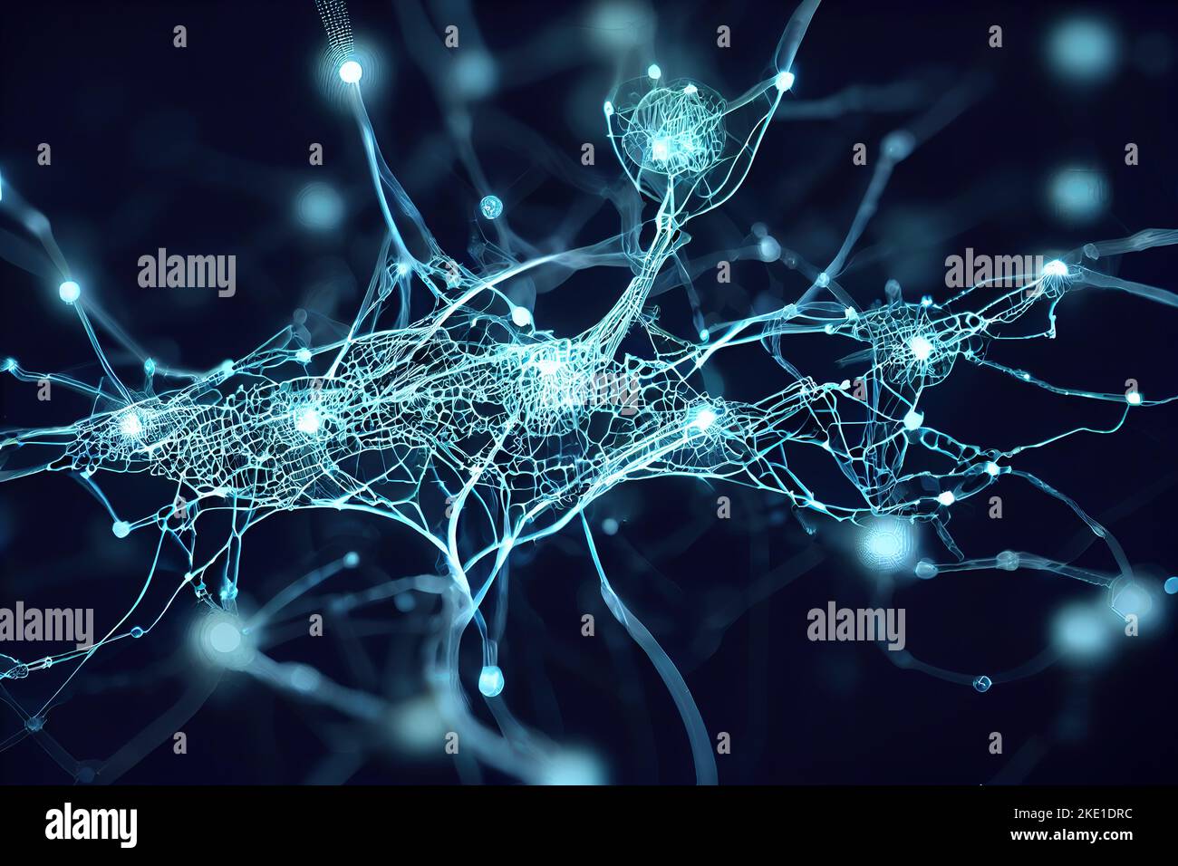 Illustration of white neural network with shining impulses on dark blue ...