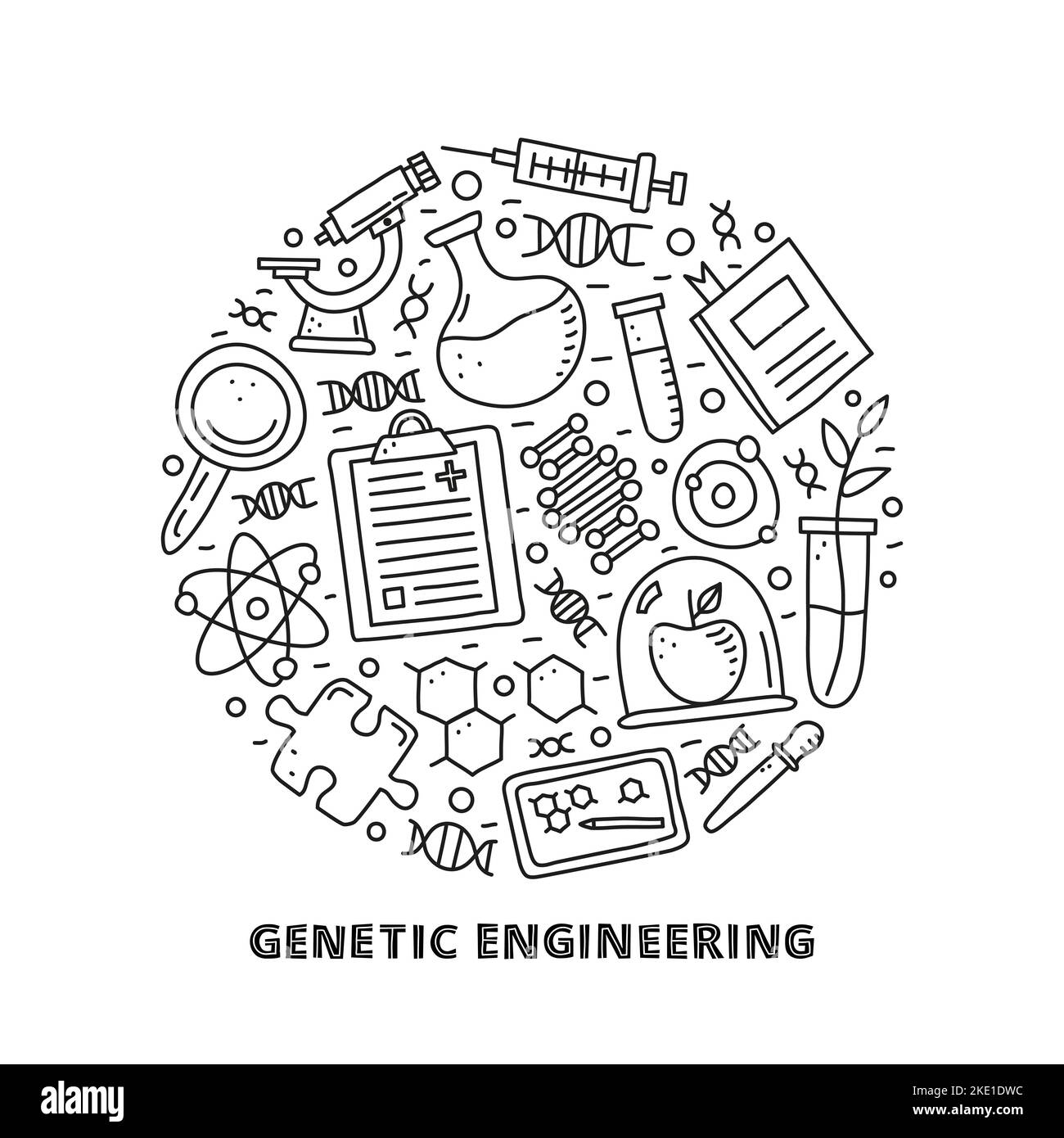 Doodle outline genetic engineering icons including dna, microscope ...