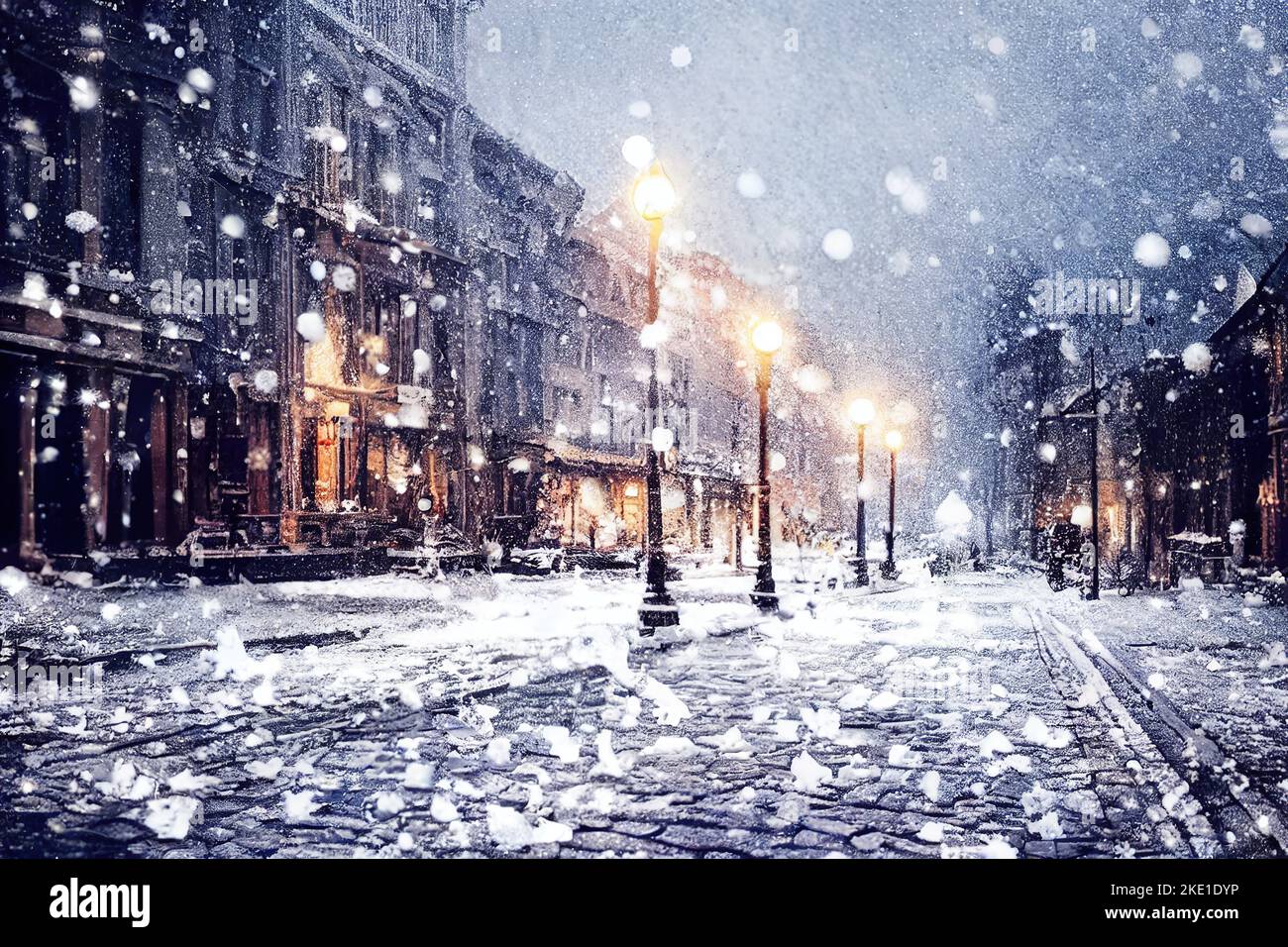 Winter street with lit lamps and with snow on the ground at dusk while ...