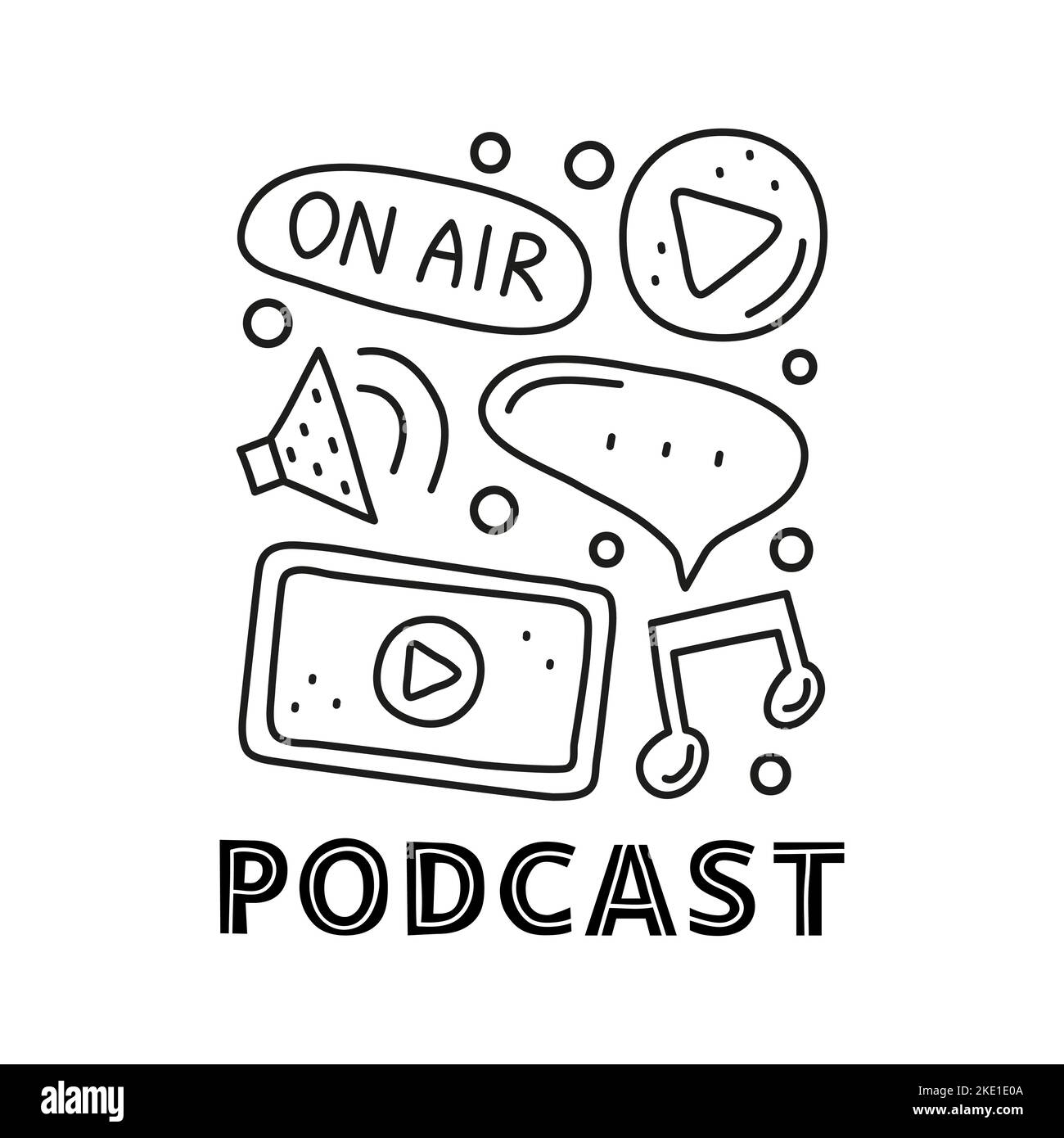Group of doodle outline podcast icons including tablet, play button ...