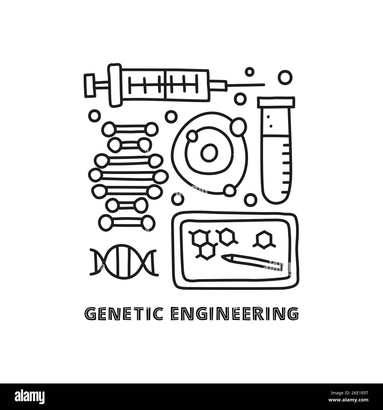 Group of doodle outline genetic engineering icons including dna ...
