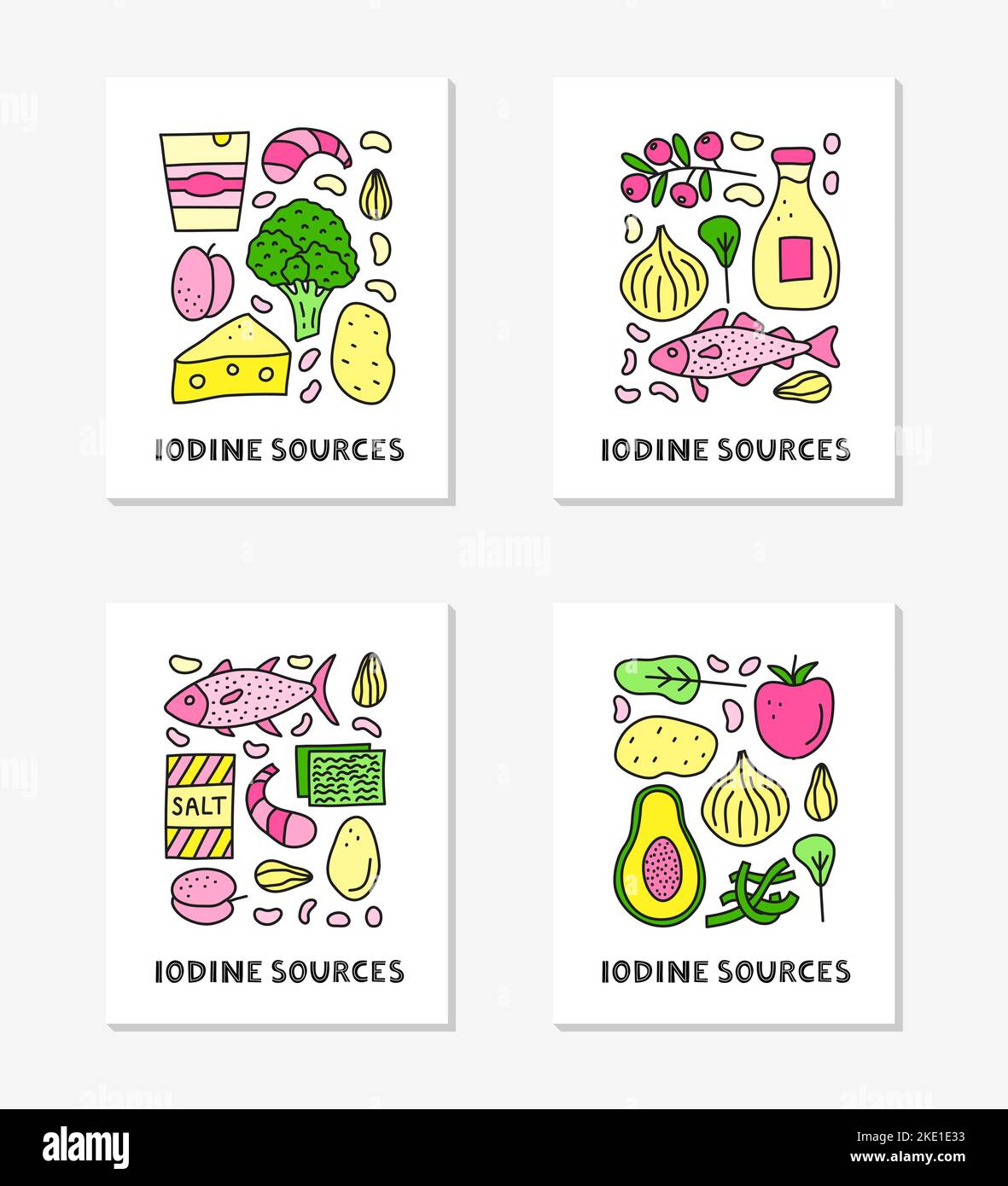 Cards with lettering and doodle colored iodine food sources including ...