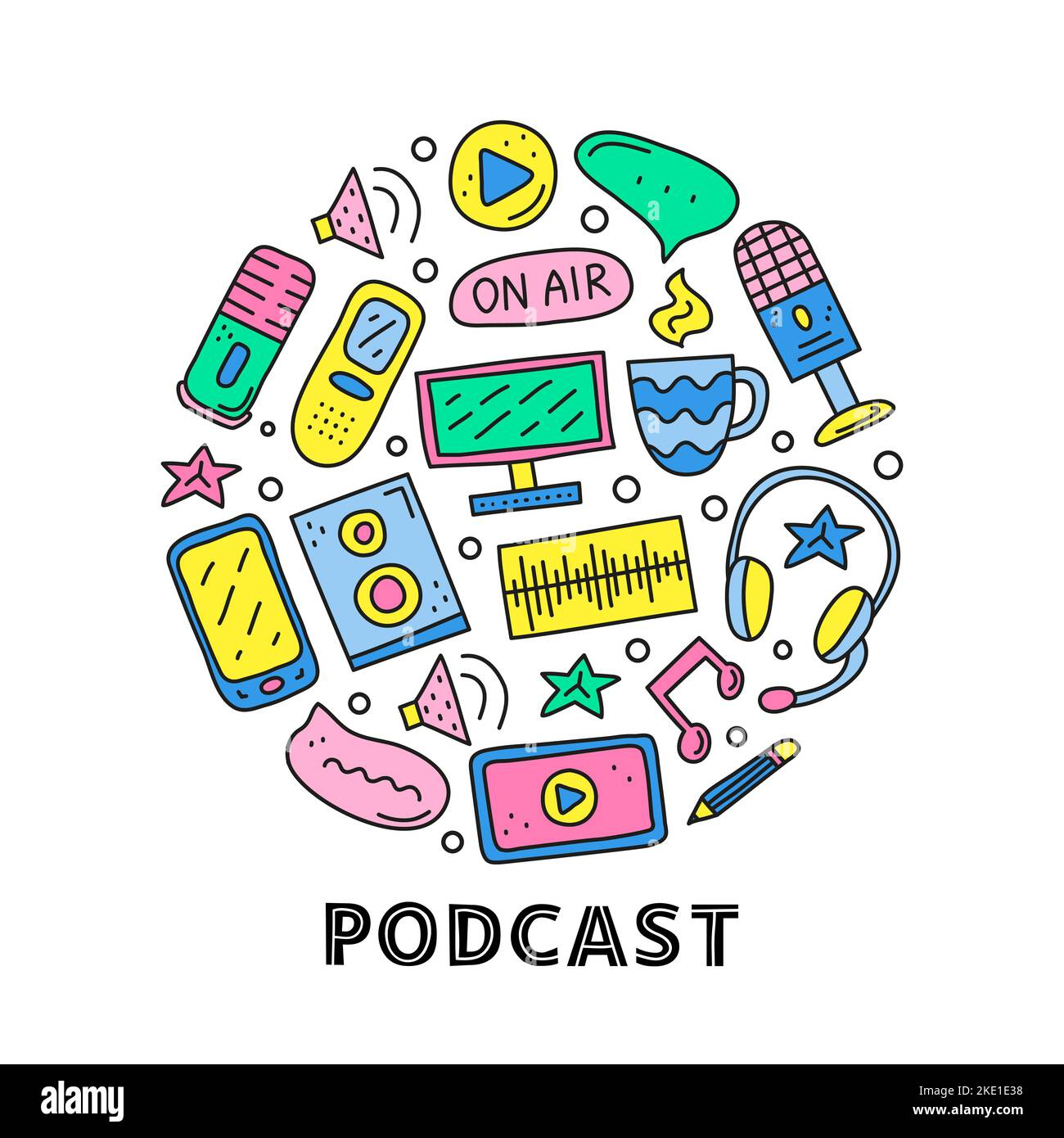 Doodle colored podcast icons including smartphone, tablet, headphones ...