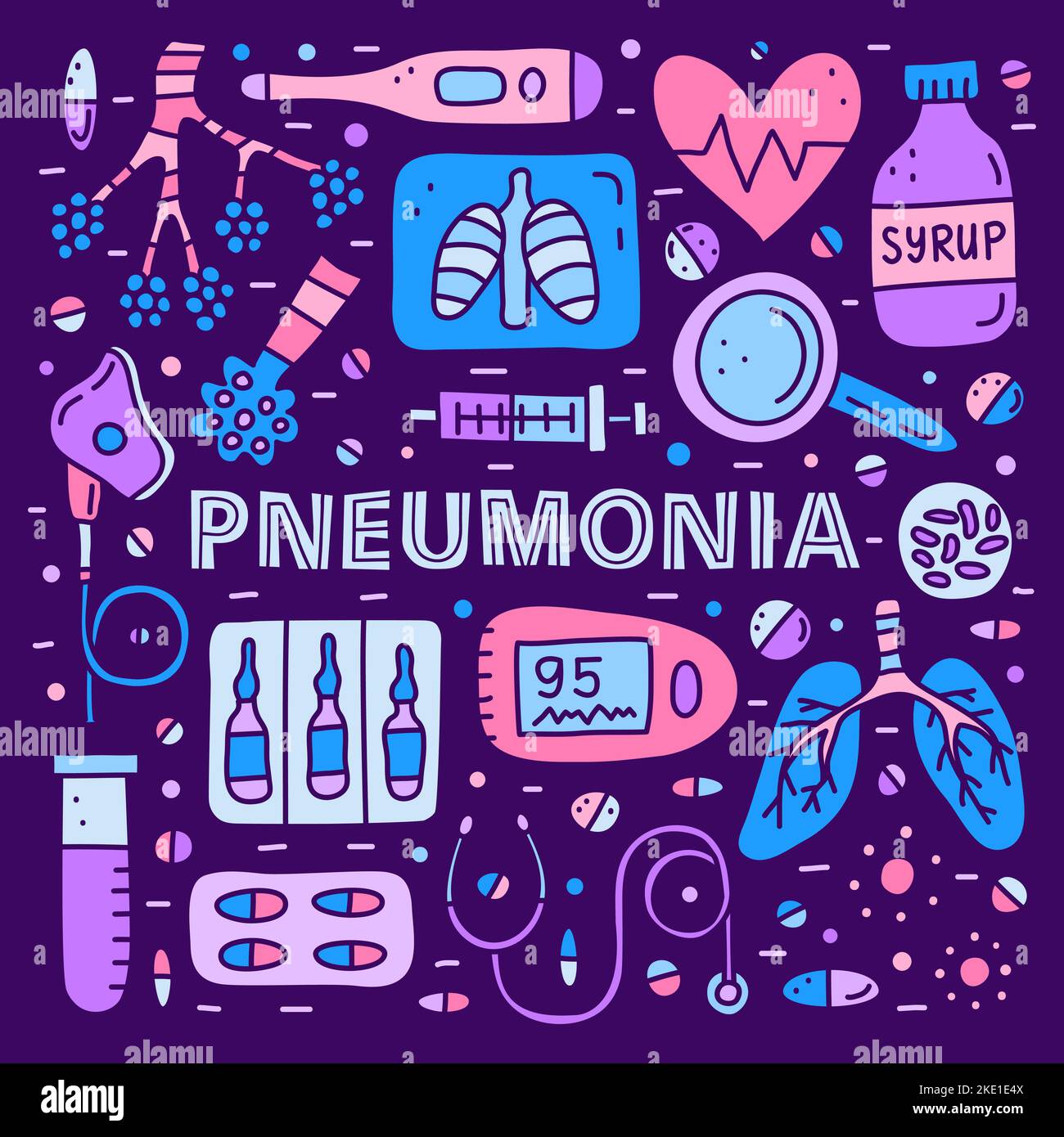 Poster with lettering and doodle colorful pneumonia icons including ...