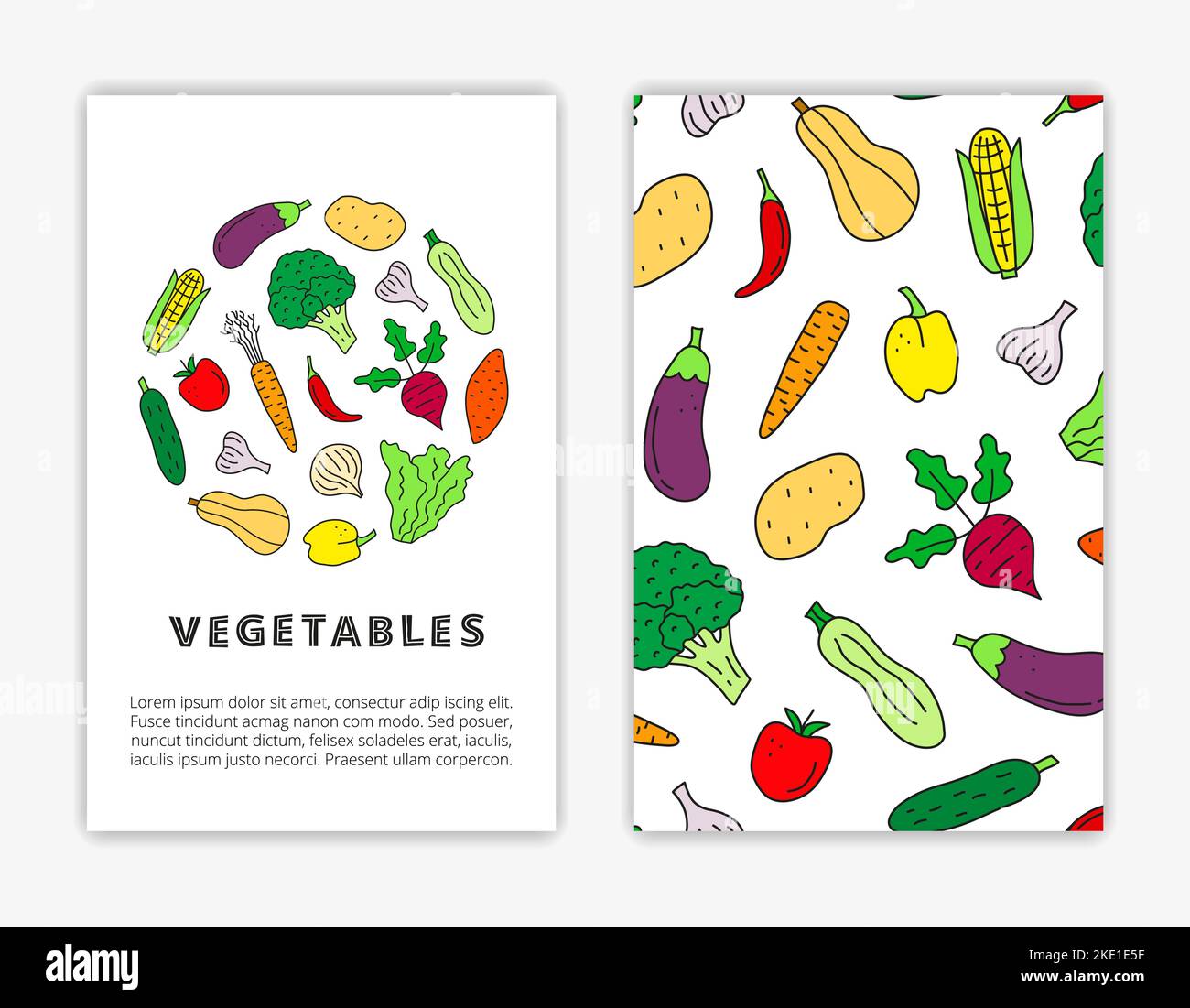Card templates with cute doodle colorful vegetables including broccoli ...