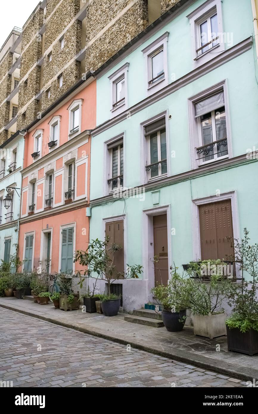 Paris, colorful houses rue Cremieux, typical street in the 12e ...