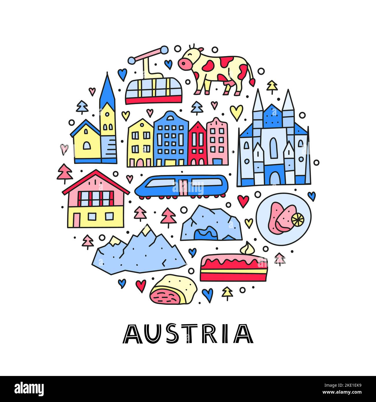 Doodle colored Austria icons including Vienna Cathedral, train, chalet ...