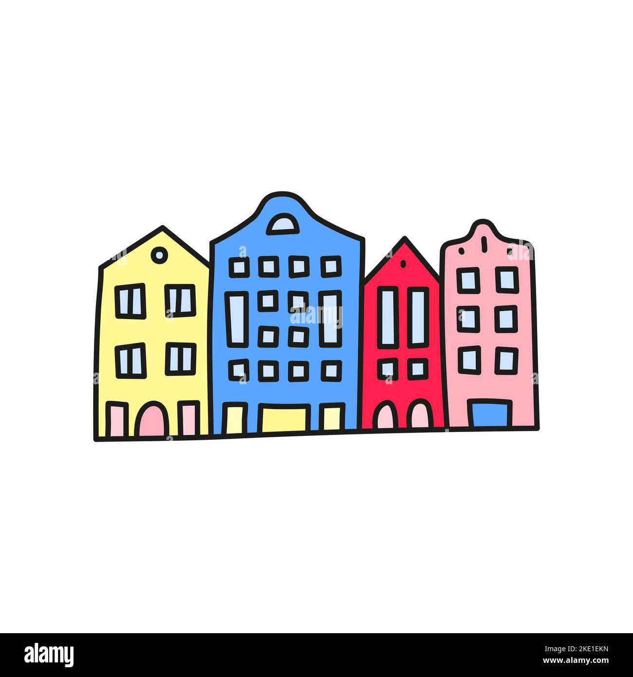 Doodle colorful old houses, shops isolated on white background. Street ...