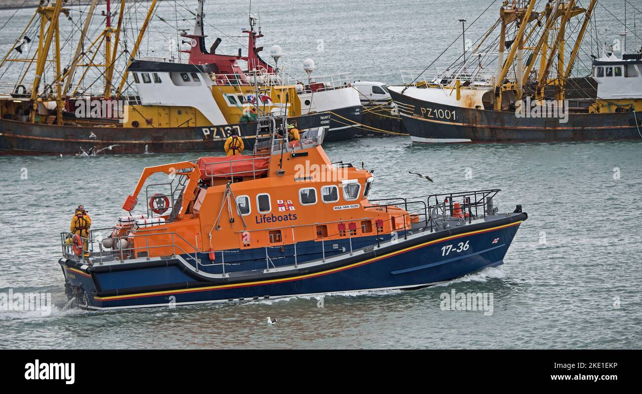 The Penlee lifeboat leaving Newlyn harbour on a call out Stock Photo ...