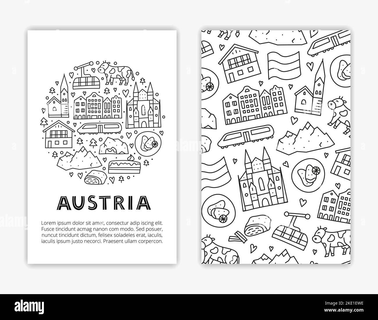 Card templates with lettering and doodle outline Austria icons ...