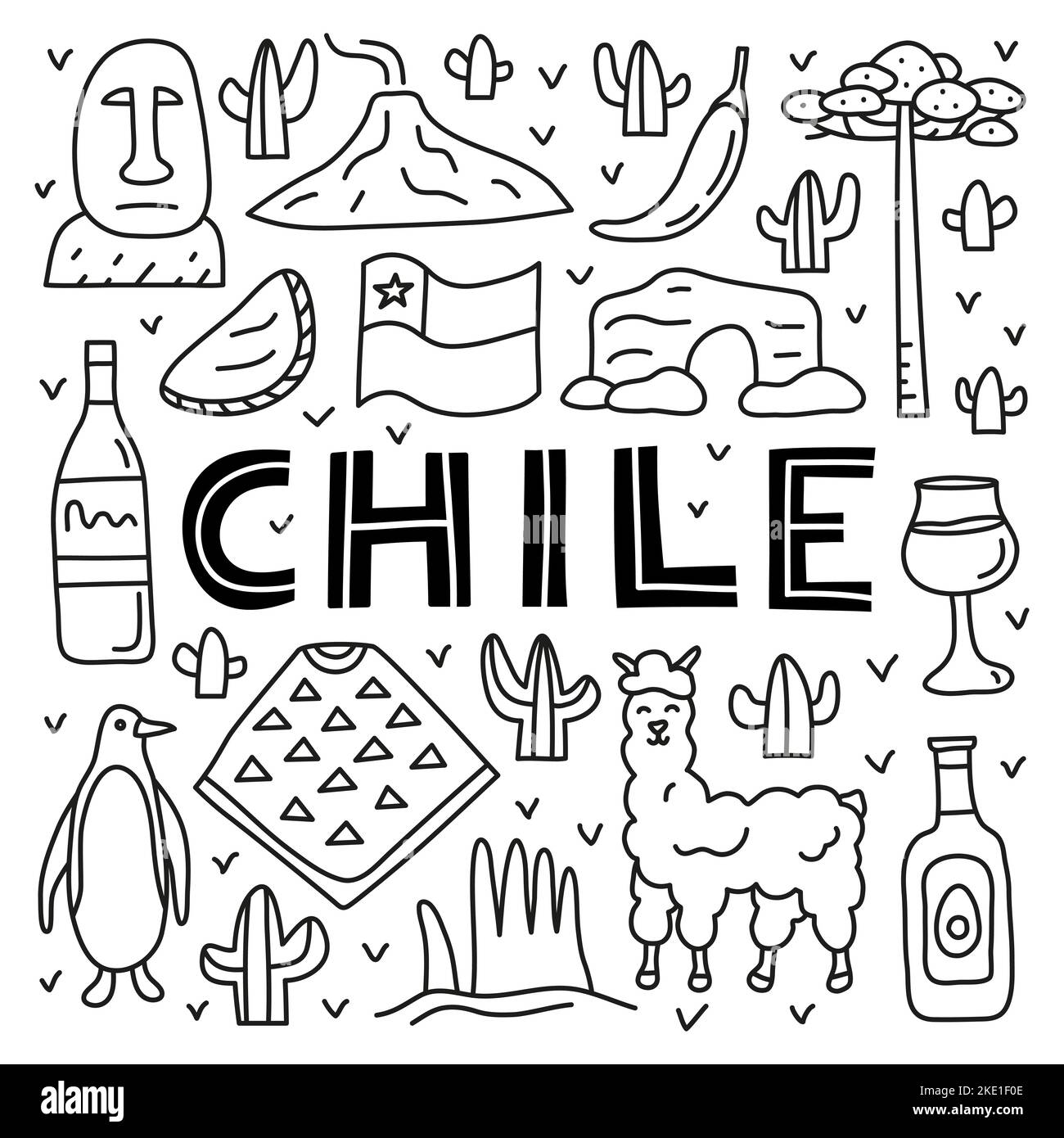 Poster with lettering and doodle outline Chile icons including Easter ...