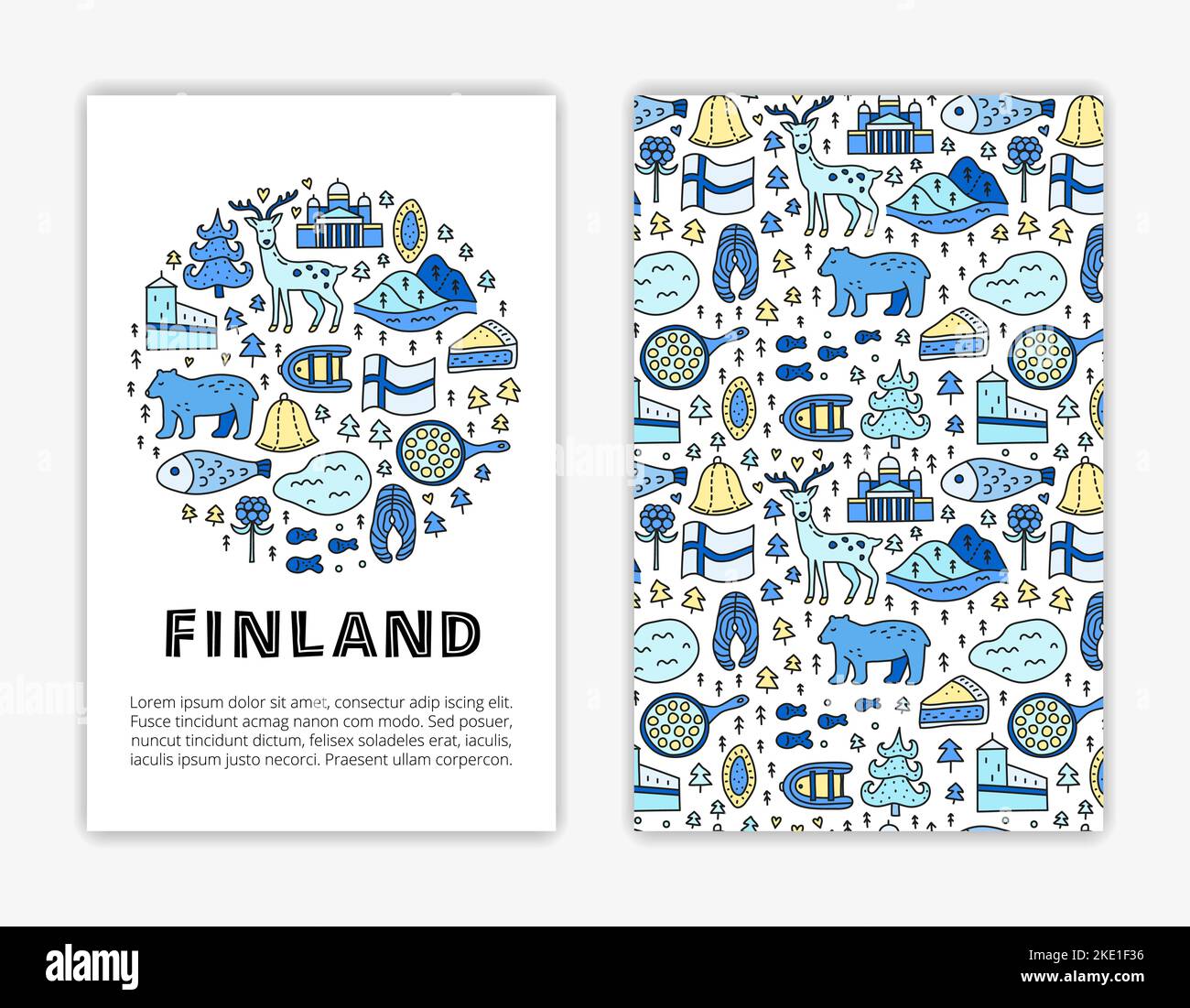 Card templates with doodle colored finland icons including Helsinki ...