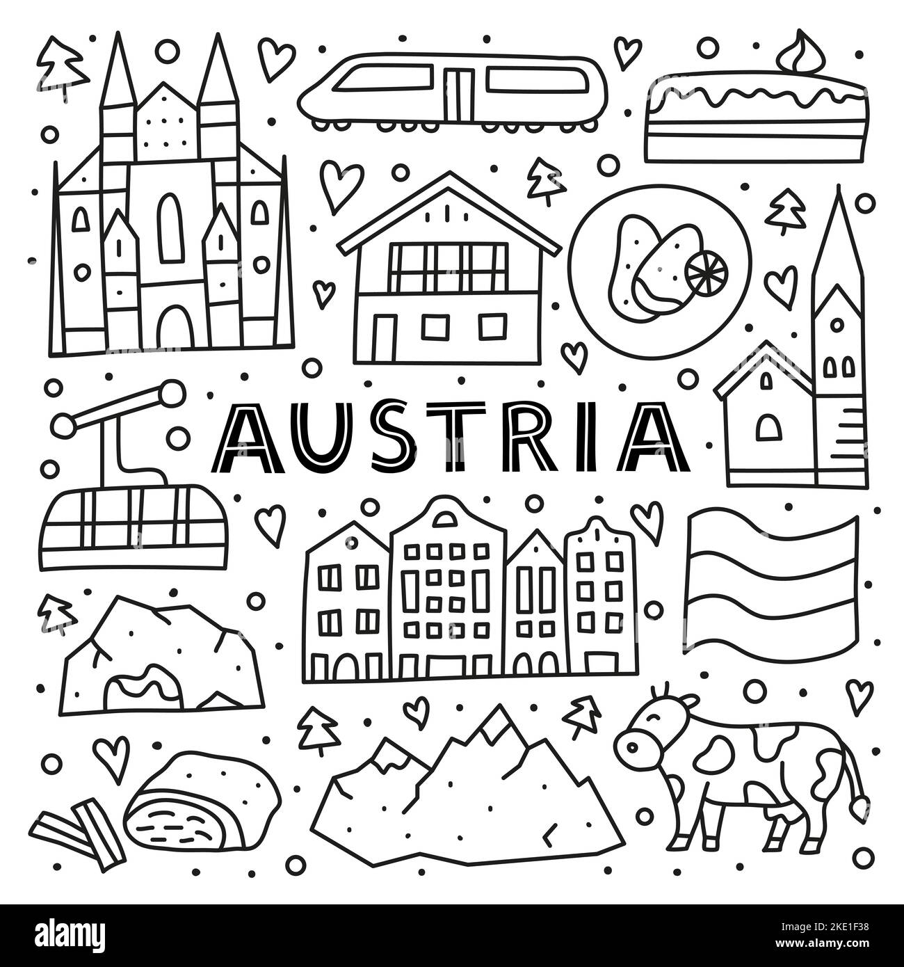 Poster with lettering and doodle outline Austria icons including Vienna ...