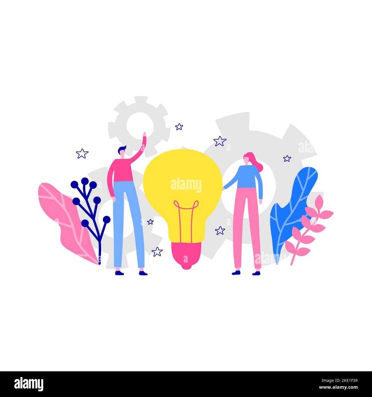 Tiny man and woman characters standing near a giant light bulb on white background. Idea ...