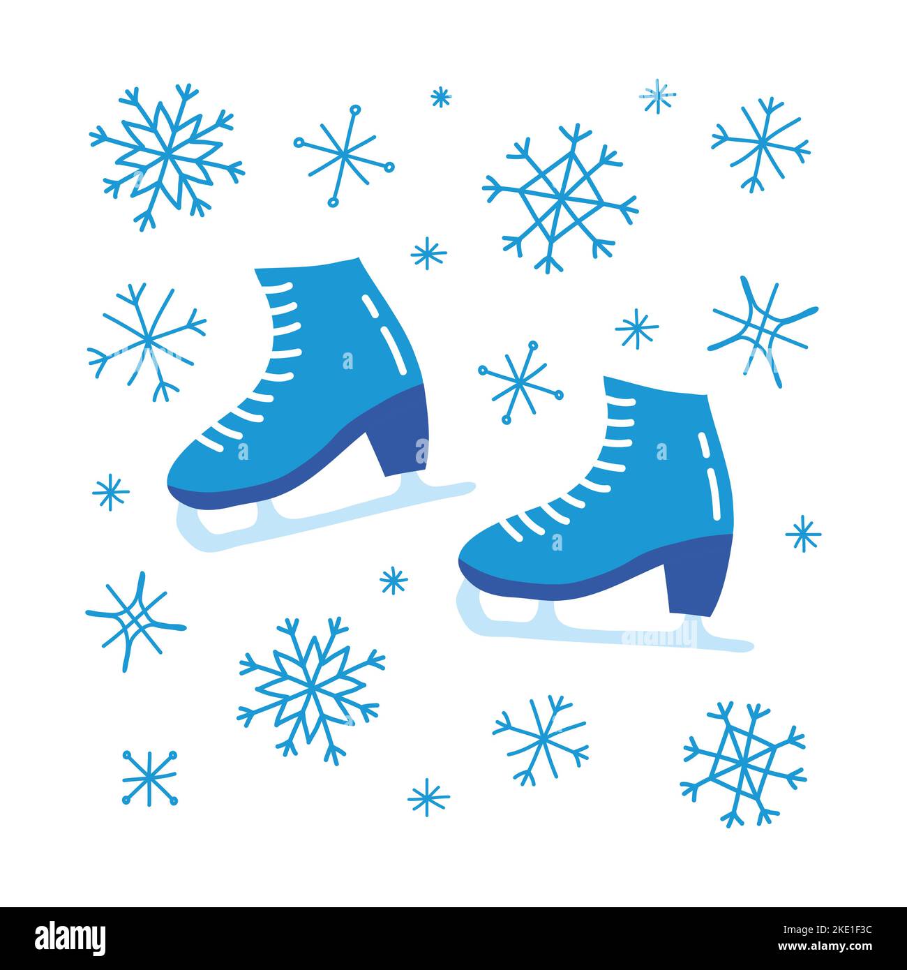 Doodle blue figure skates and different snowflakes around isolated on ...