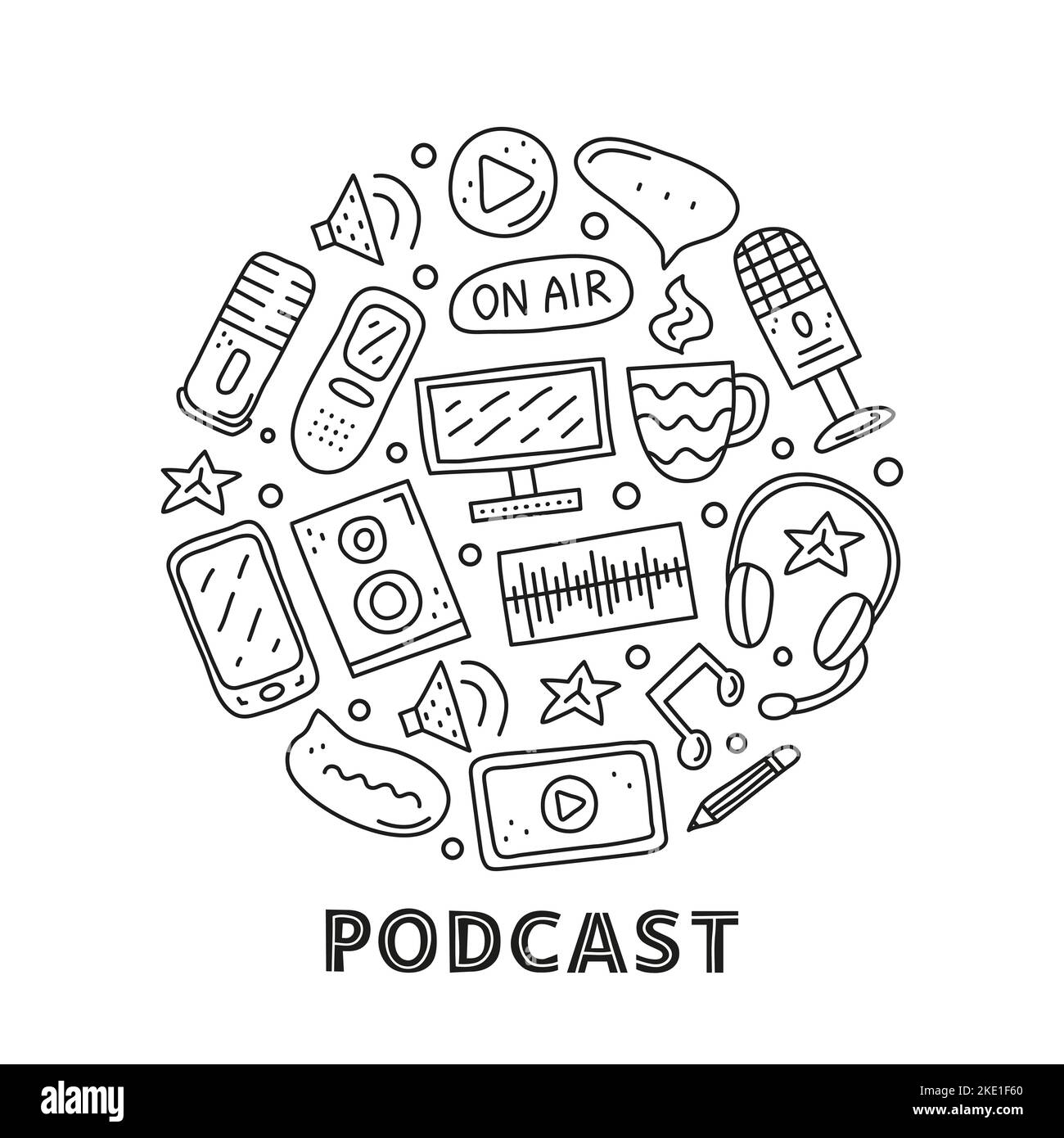 Doodle outline podcast icons including smartphone, tablet, headphones ...