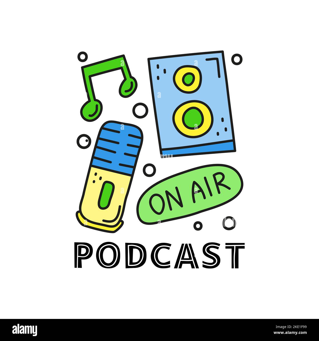 Group of doodle colored podcast icons including microphone, on air ...