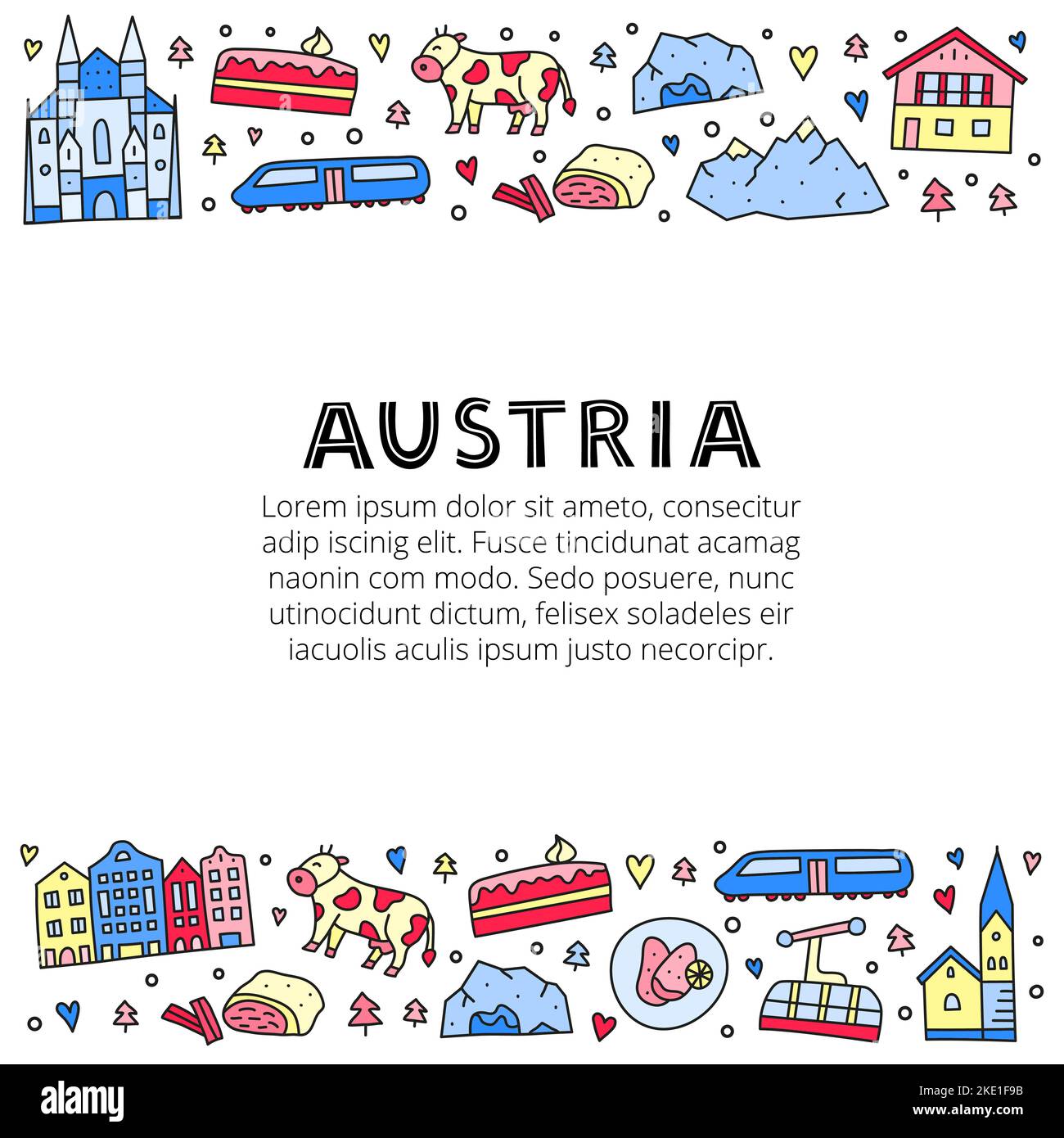 Poster with lettering and doodle colored Austria icons including Vienna ...