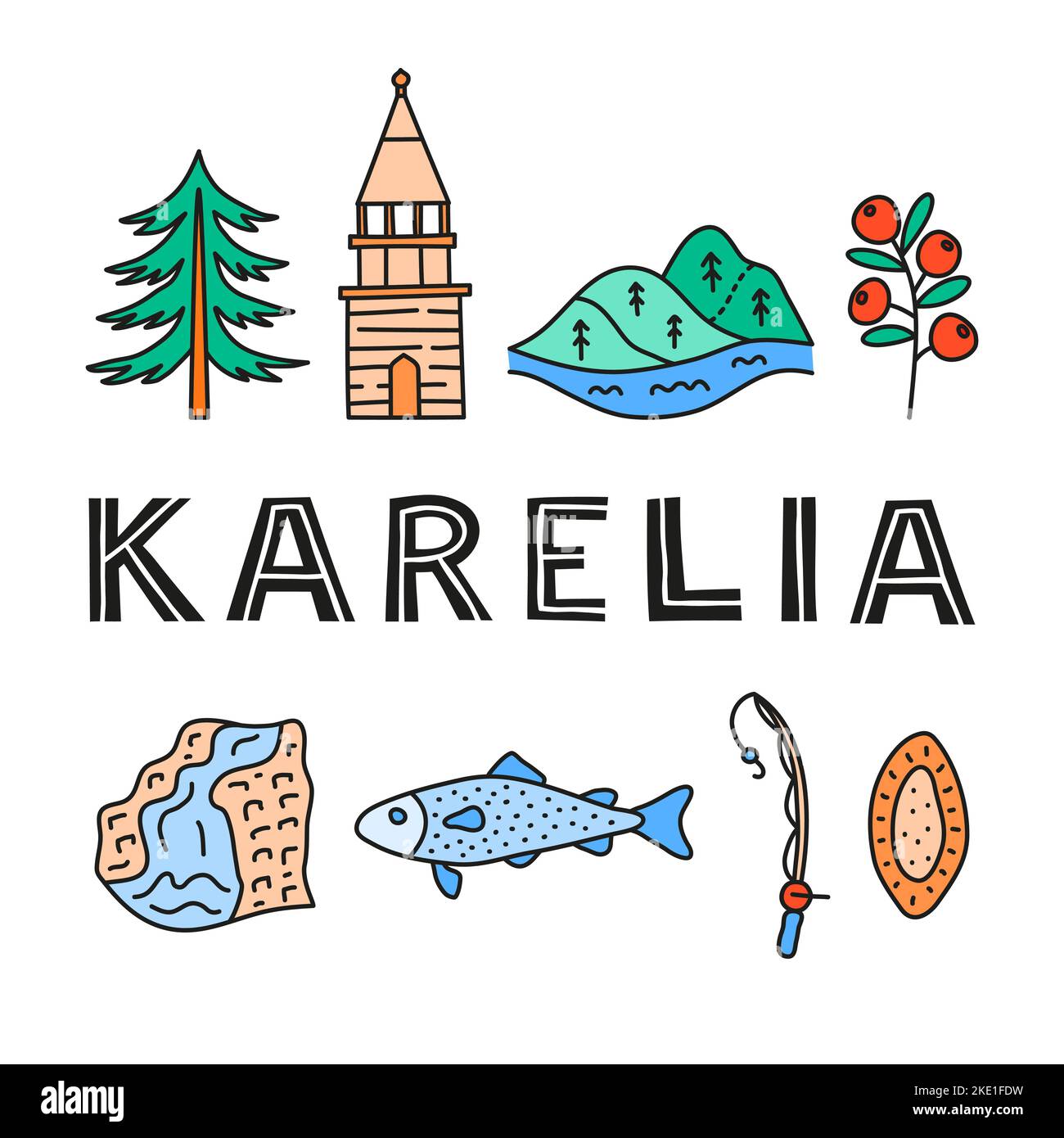 Poster with lettering and doodle colored Karelia icons including bell ...