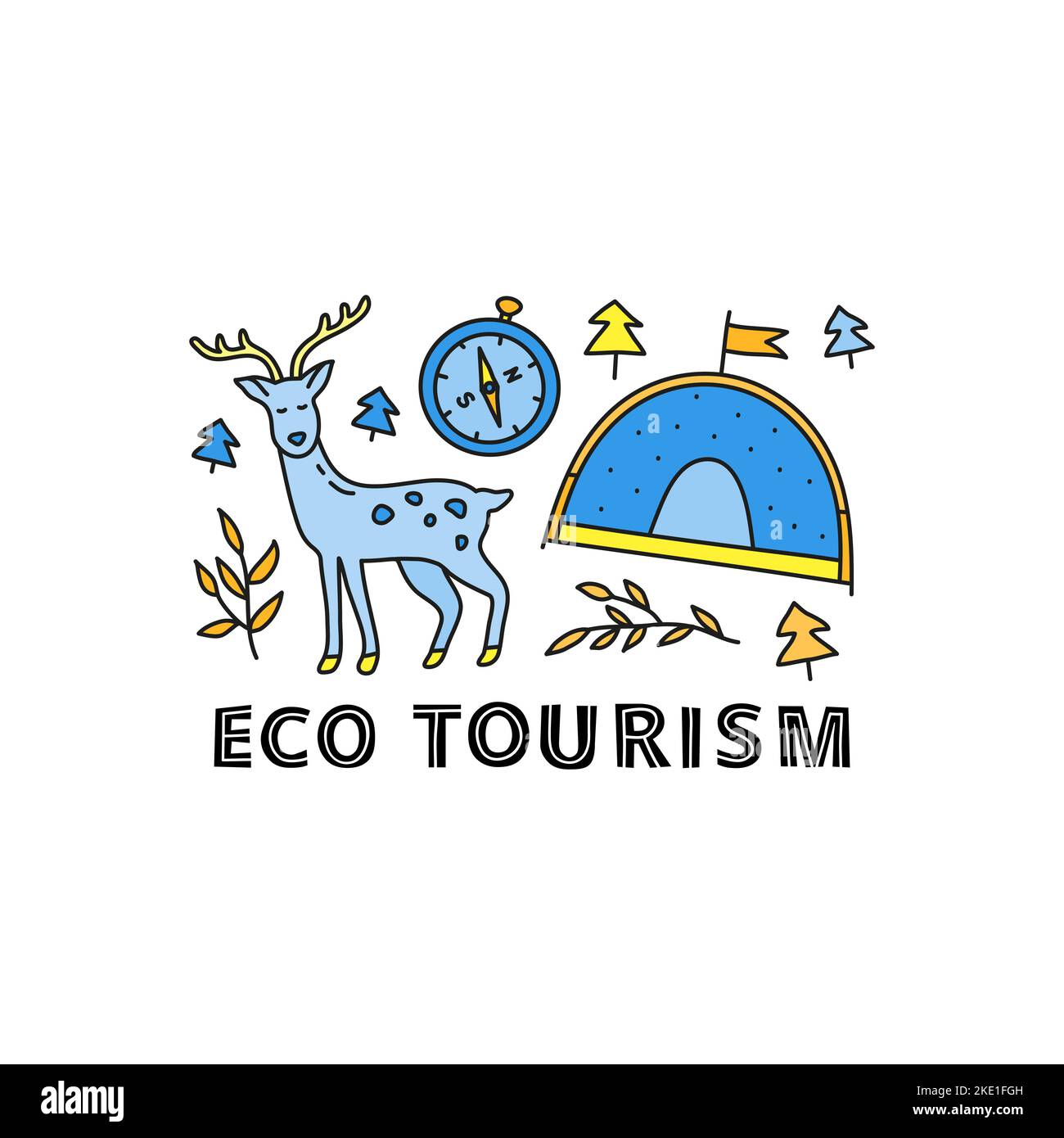 Group of doodle colored eco tourism icons including deer, tent, compass ...