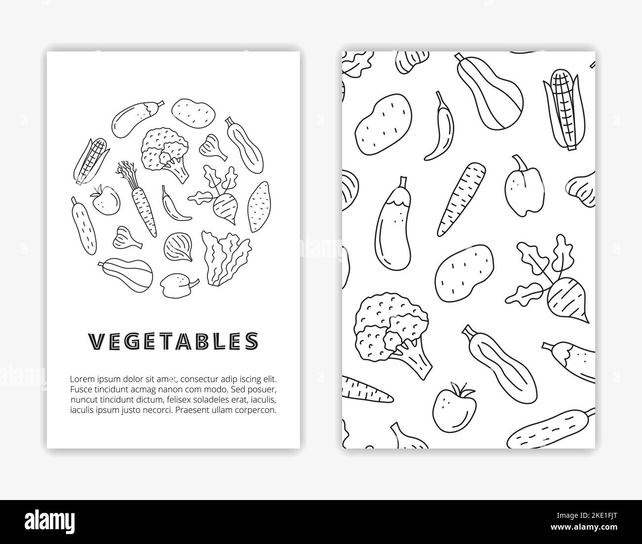 Card templates with cute doodle outline vegetables including broccoli ...