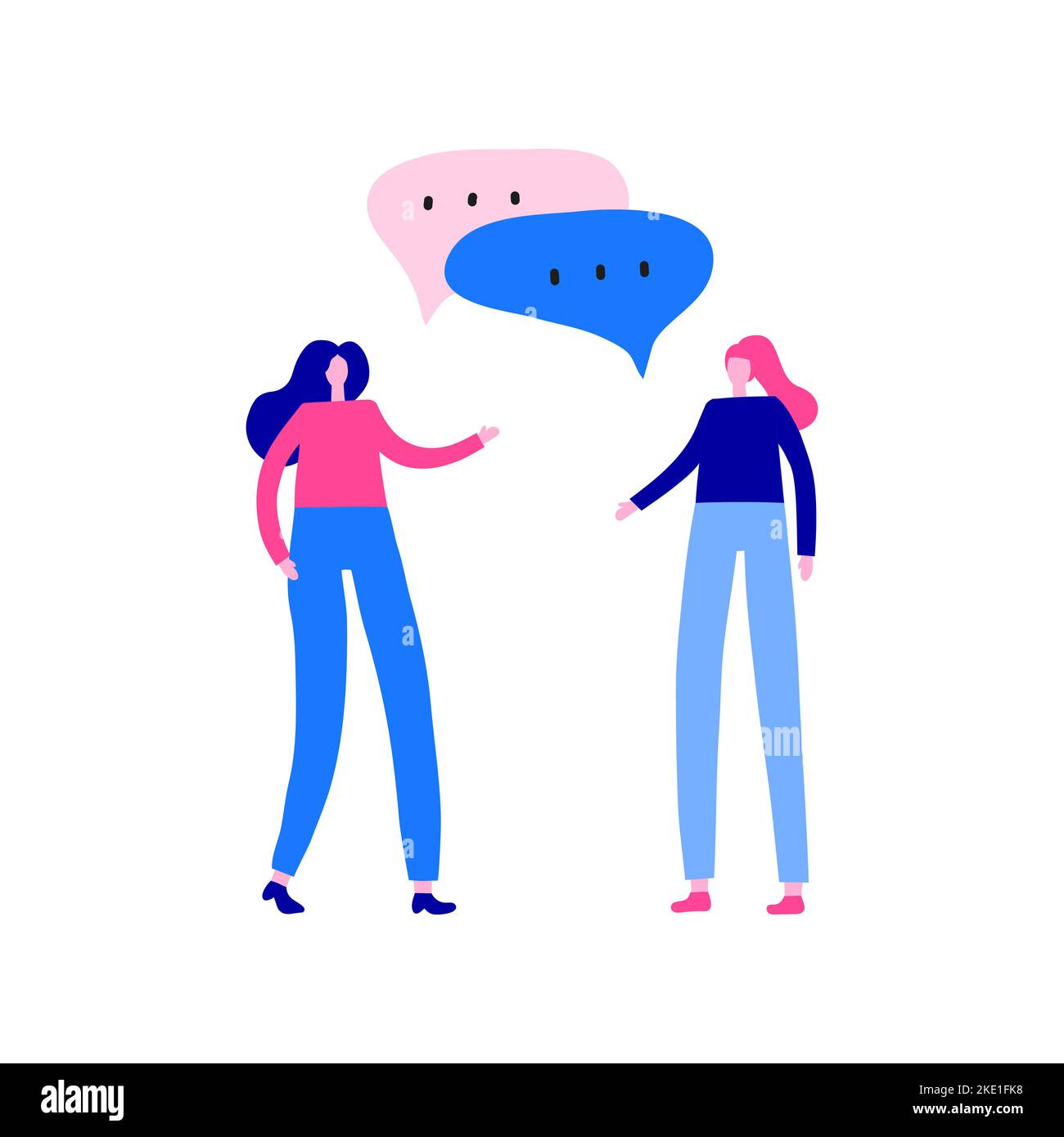 Two women or girls standing and talking with each other. Friendly ...