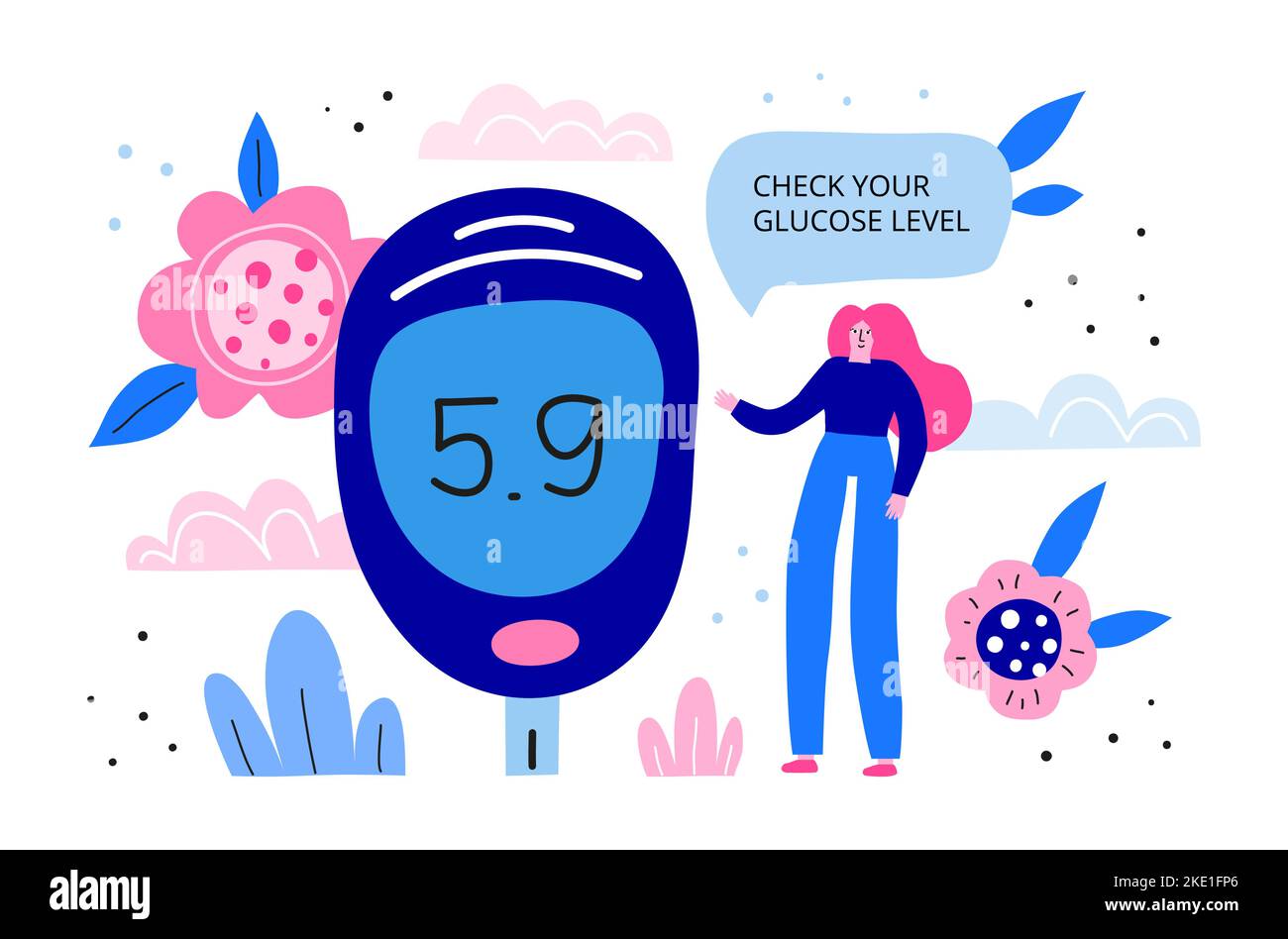 Horizontal banner with big colorful glucometer, woman and flowers ...