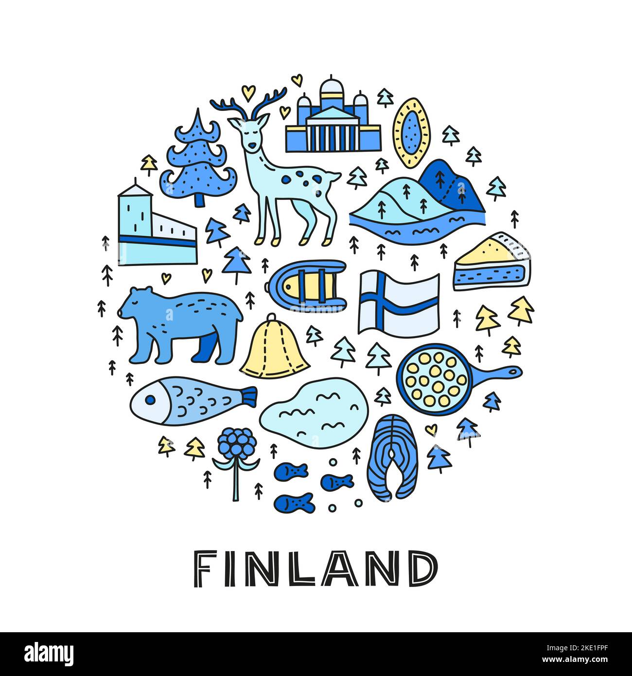 Doodle colored finland icons including Helsinki Cathedral, deer, lake ...