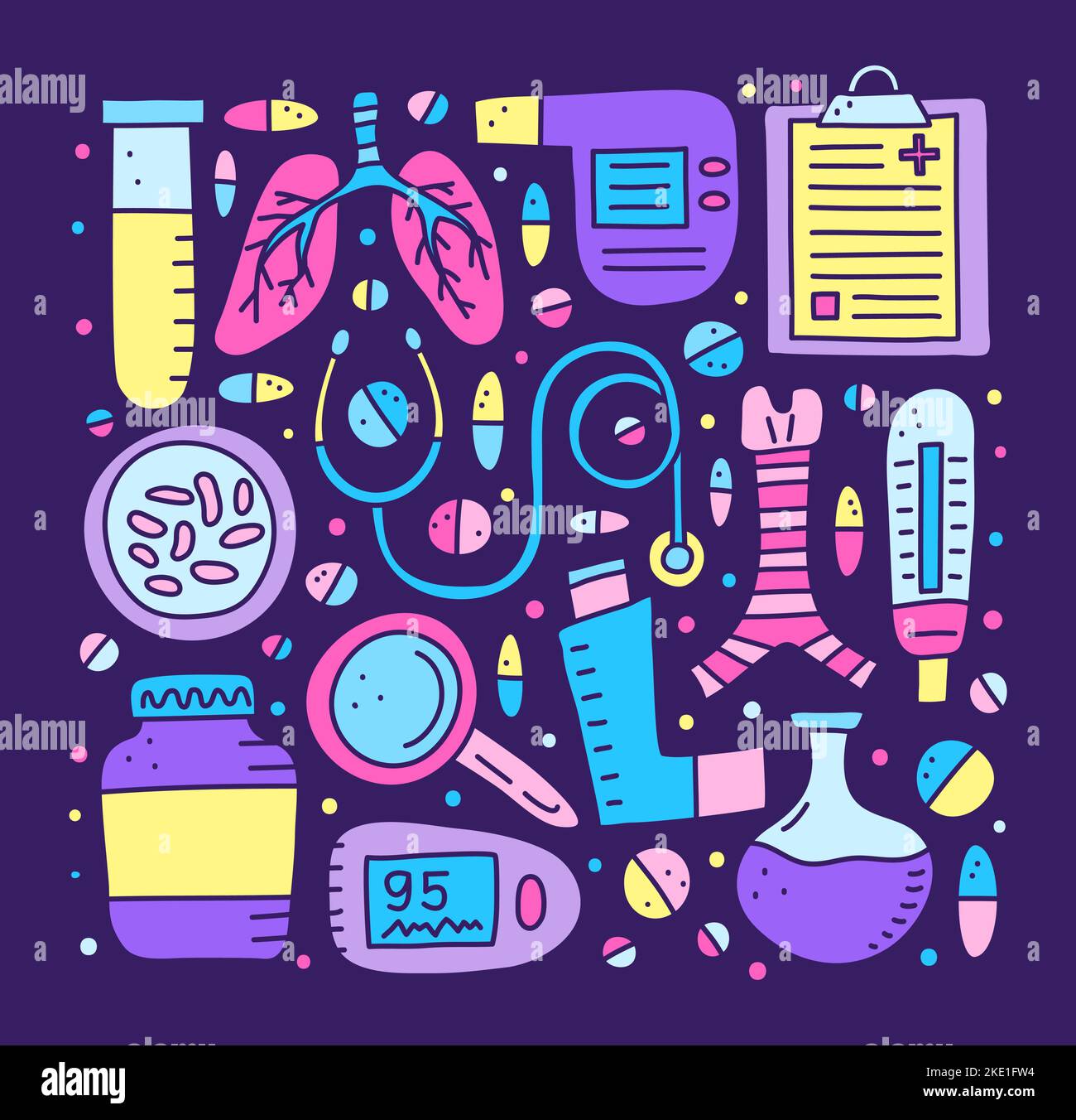 Set of doodle colorful pulmonology items, including lungs, trachea ...