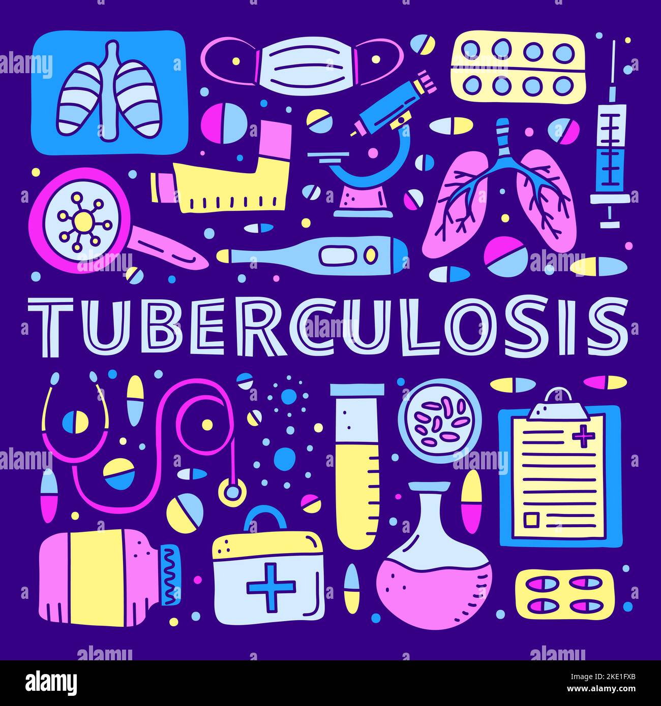 Poster with lettering and doodle colorful tuberculosis items, including ...