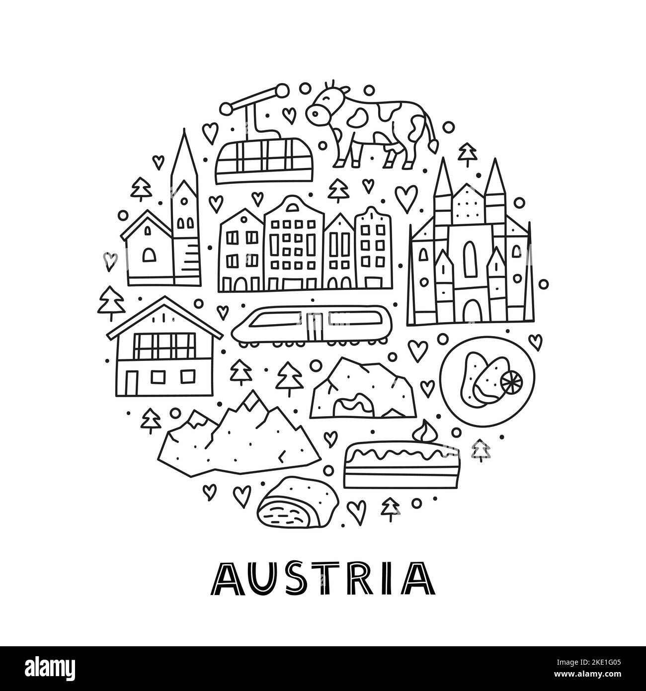 Doodle outline Austria icons including Vienna Cathedral, train, chalet ...