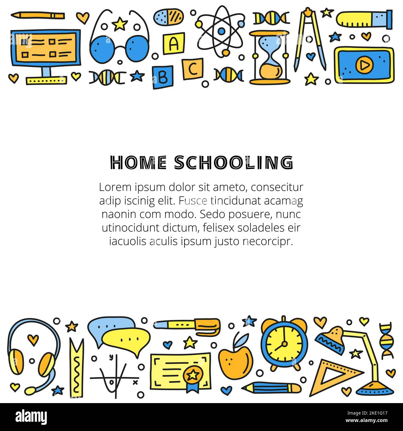 Poster with lettering and doodle colored education, e-learning icons ...