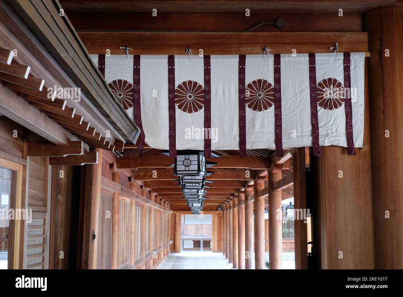 An interior design inside the wooden Kashihara Jingu shrine in ...