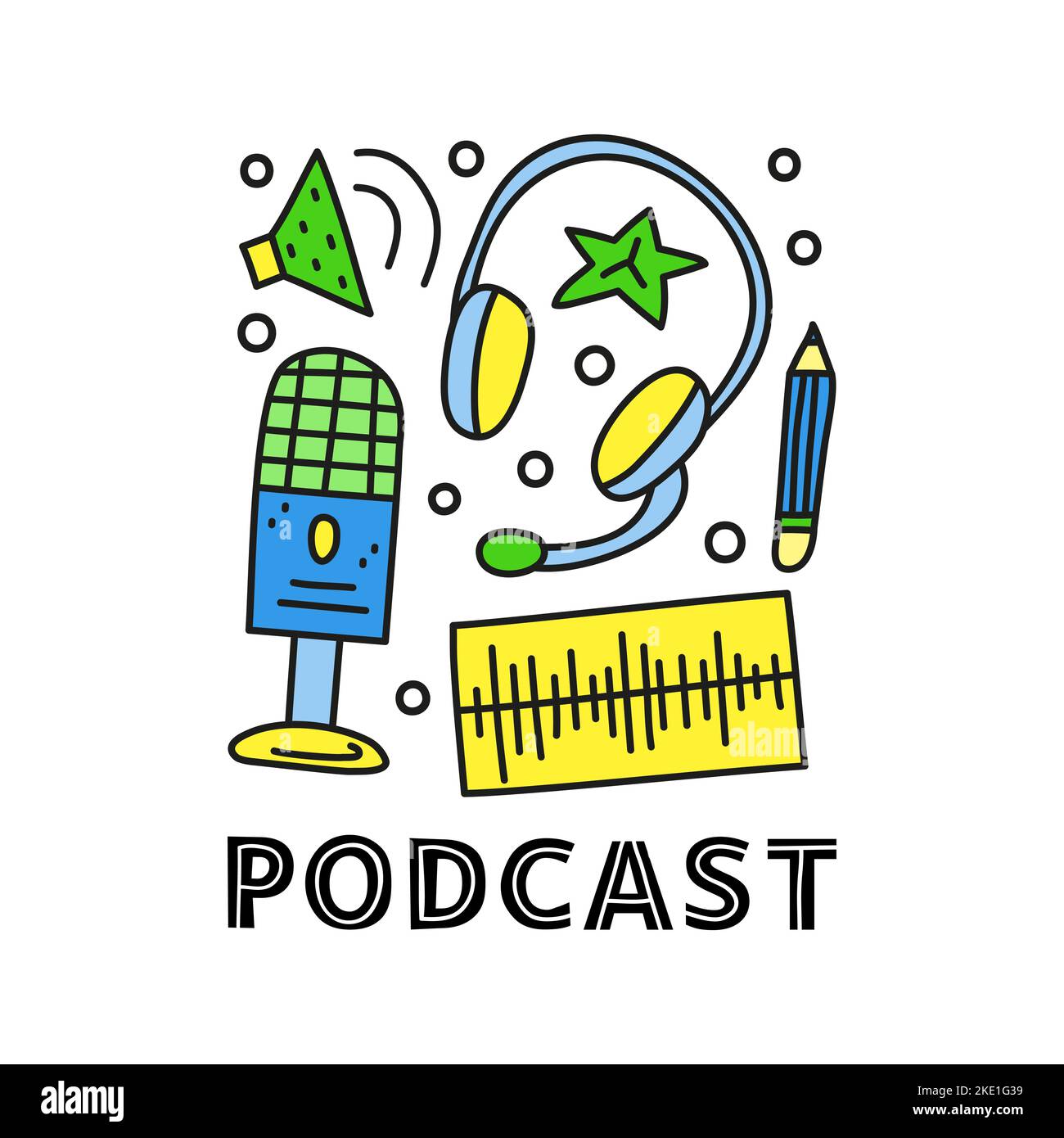 Group of doodle colored podcast icons including microphone, headphones ...