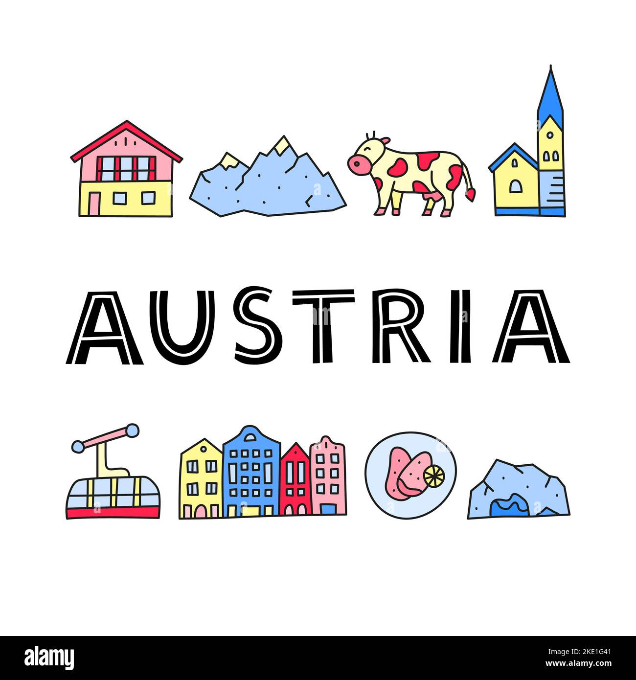 Poster with lettering and doodle colored Austria icons including Vienna ...