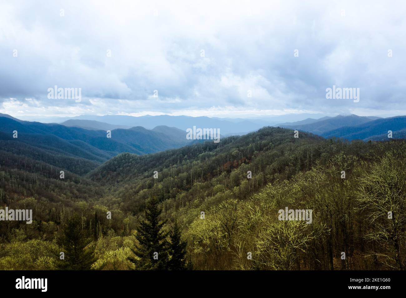 A beautiful aerial view of hills and dense forests on a cloudy day ...