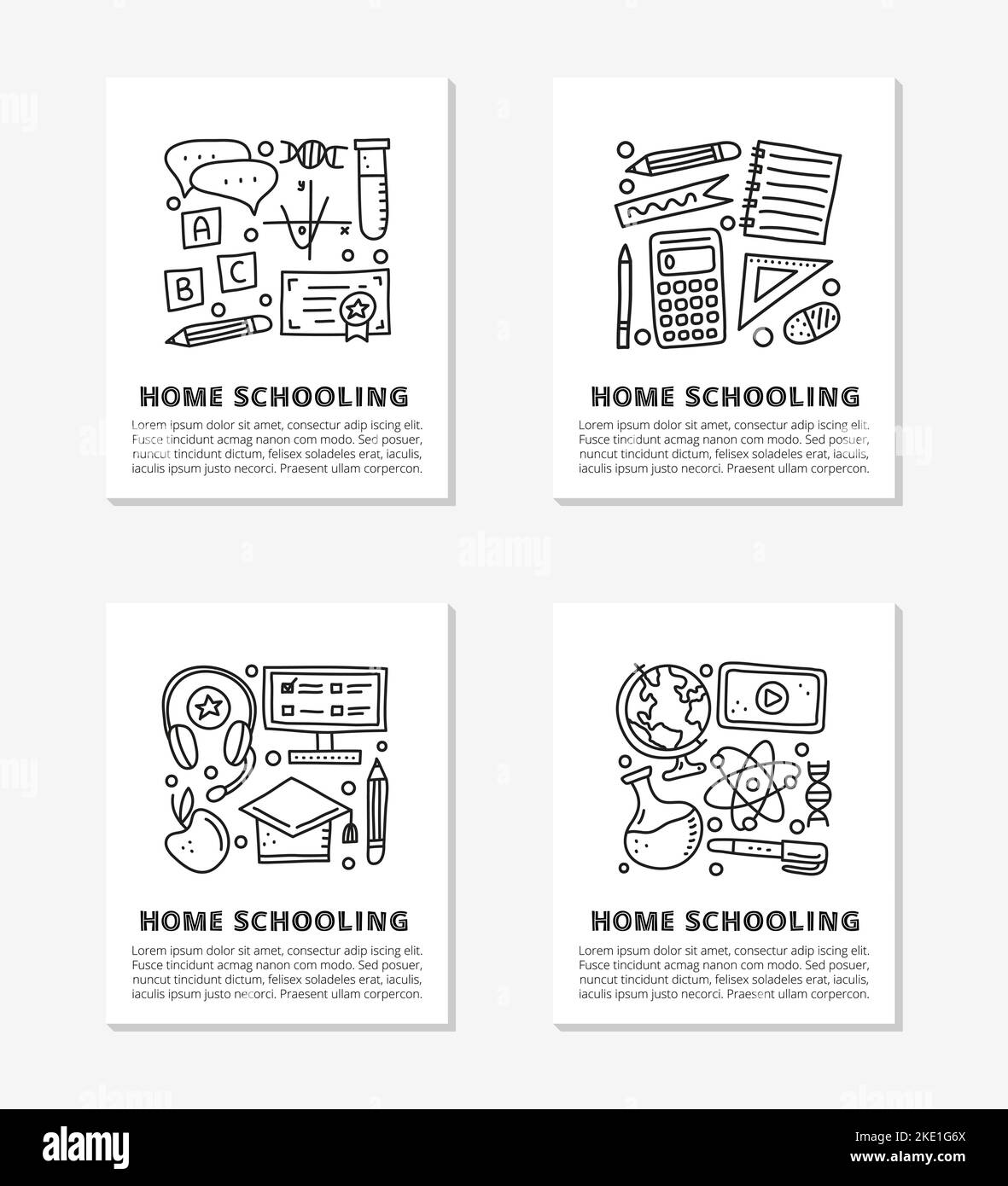 Cards with lettering and doodle outline education, e-learning icons ...