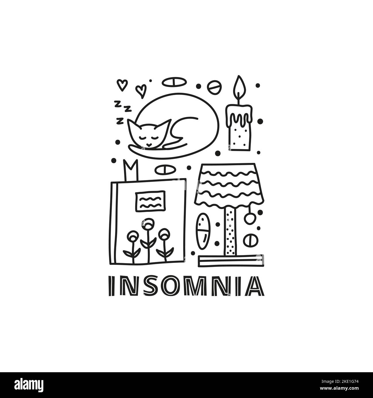 Group of doodle outline insomnia and bed time icons including book, cat ...