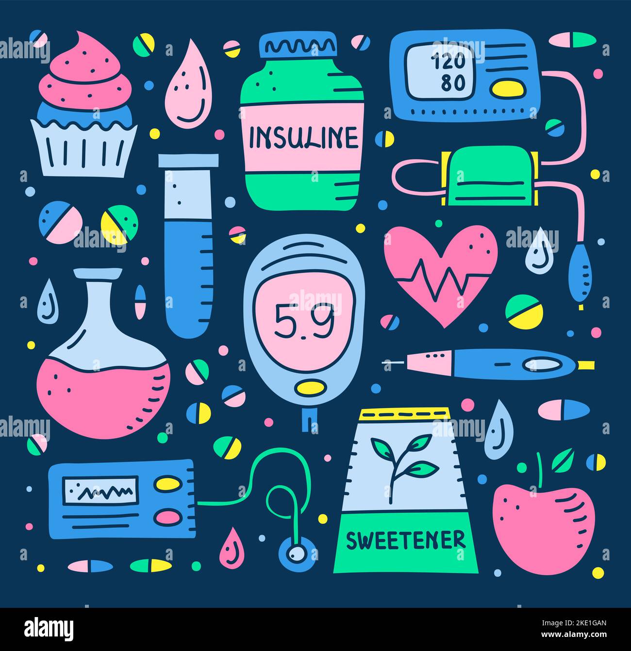 Set of doodle colorful diabetes items, including insulin pen, pump ...
