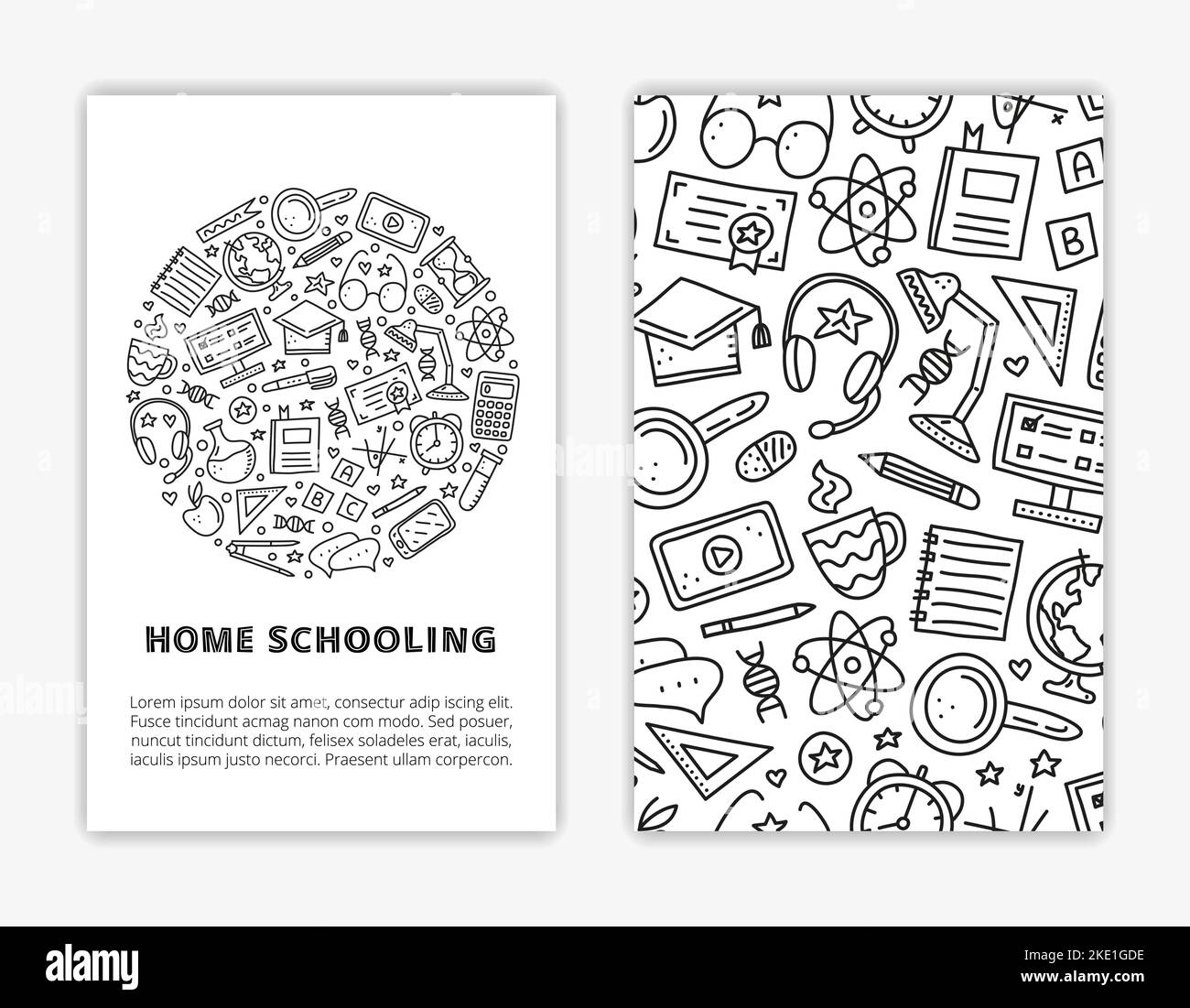 Card templates with doodle outline education, e-learning icons ...