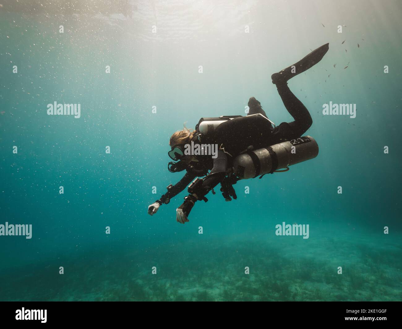 A rebreather technical diver on the sunlit ocean diving deeper, corals ...