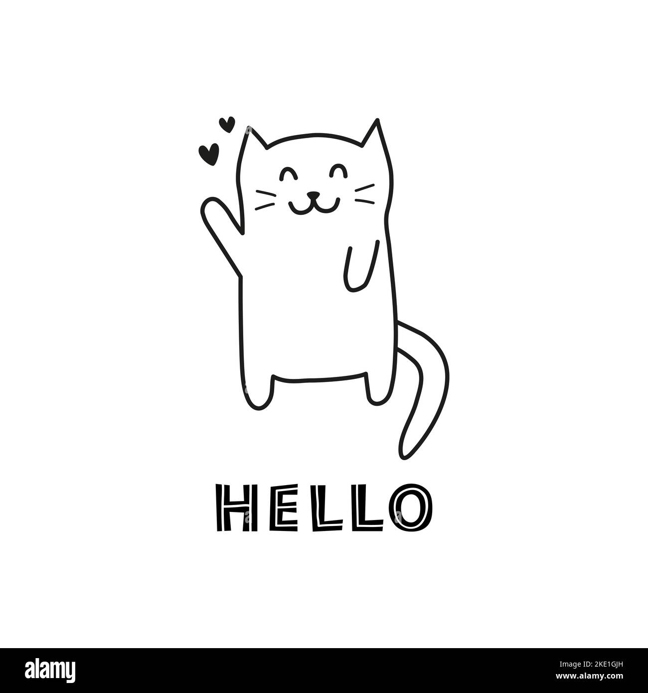Cute doodle outline smiling welcoming cat with scandinavian lettering ...