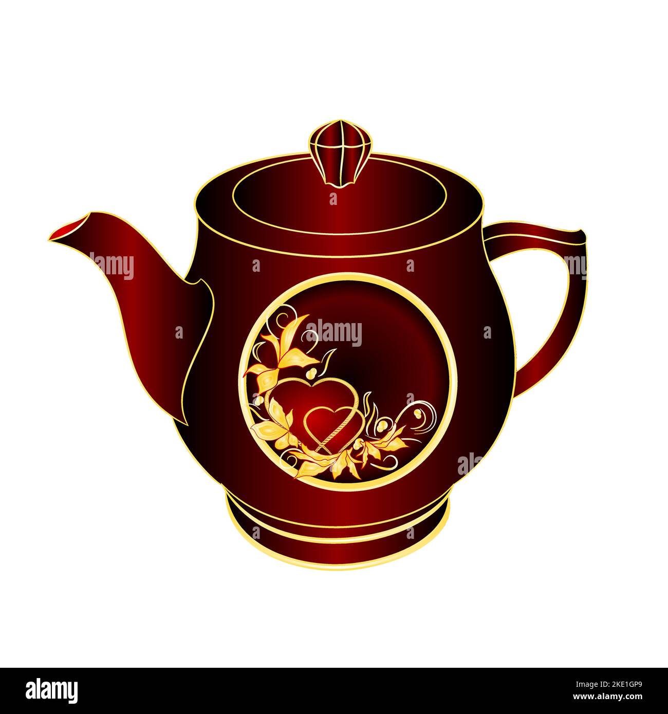 Teapot of black and red porcelain gold ornament heart and leaves on a ...