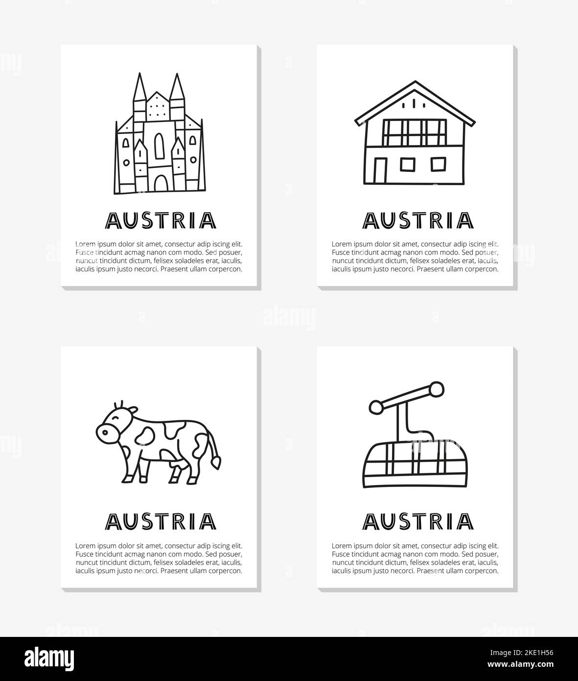 Cards with doodle outline Austria icons including Vienna Cathedral ...