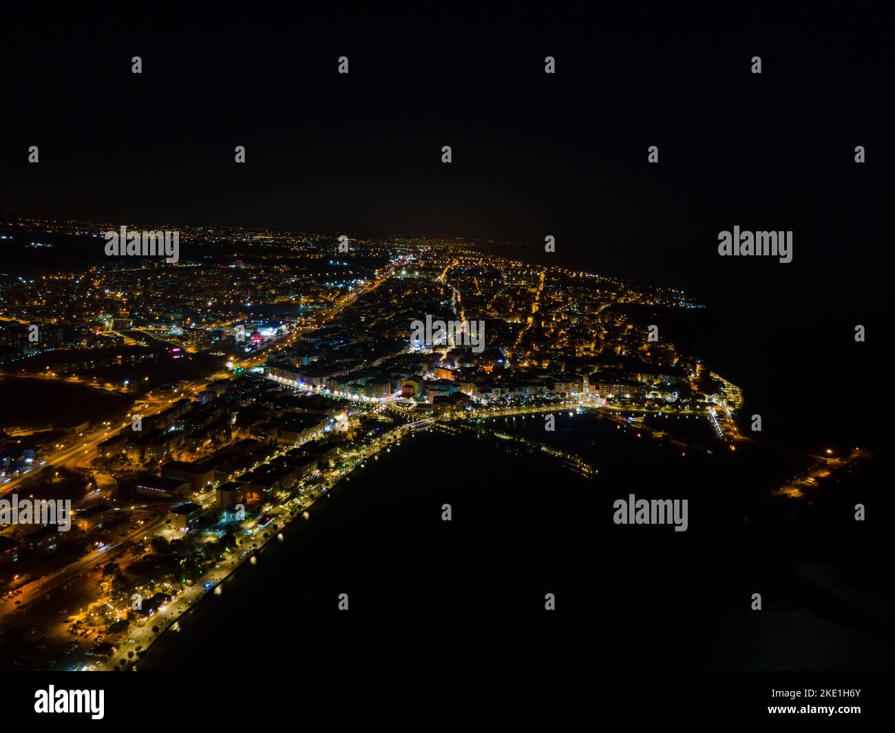An aerial view of beautiful city lights at night in Silivri, Istanbul ...