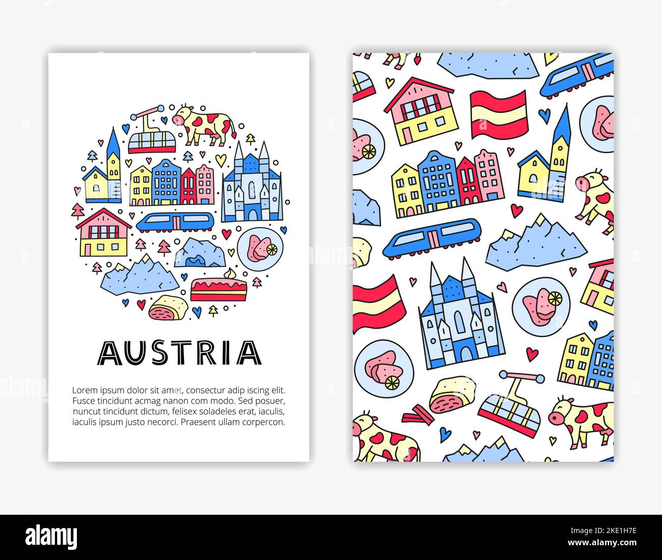 Card templates with lettering and doodle colored Austria icons ...