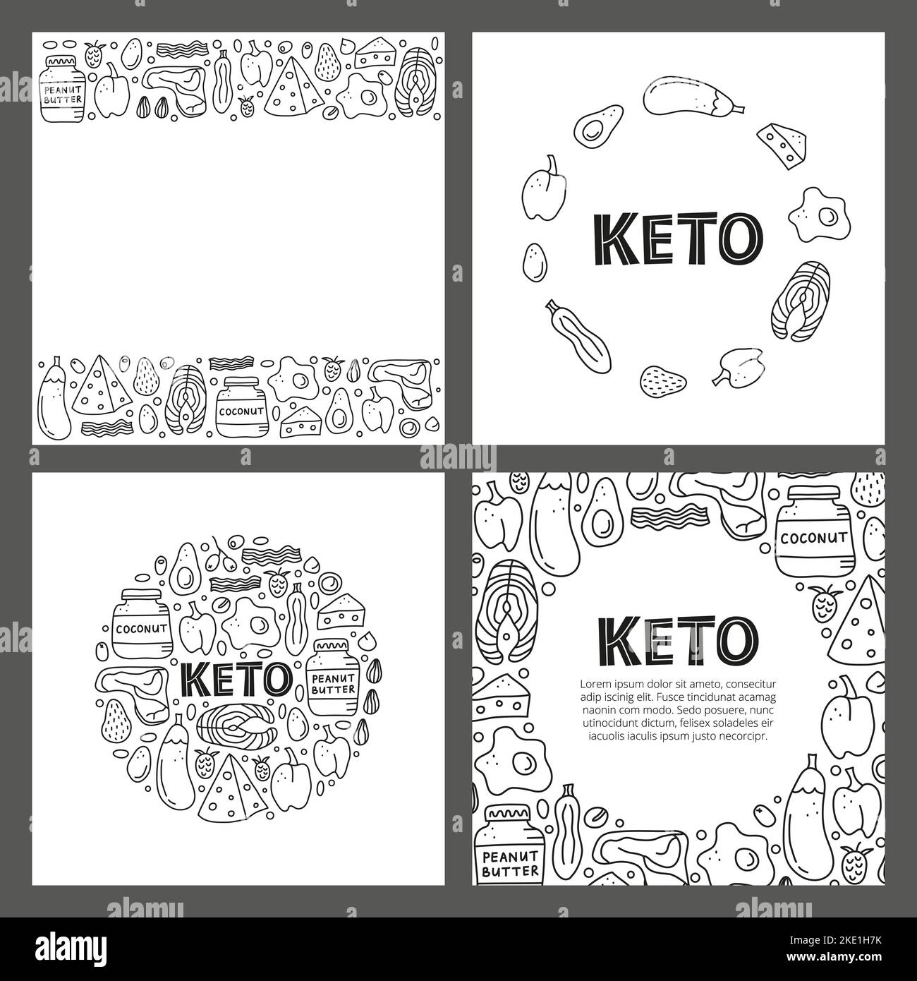 Set of cards with lettering and doodle outline foods for ketogenic diet ...