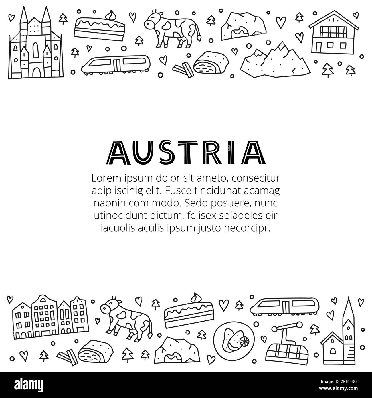 Poster with lettering and doodle outline Austria icons including Vienna ...