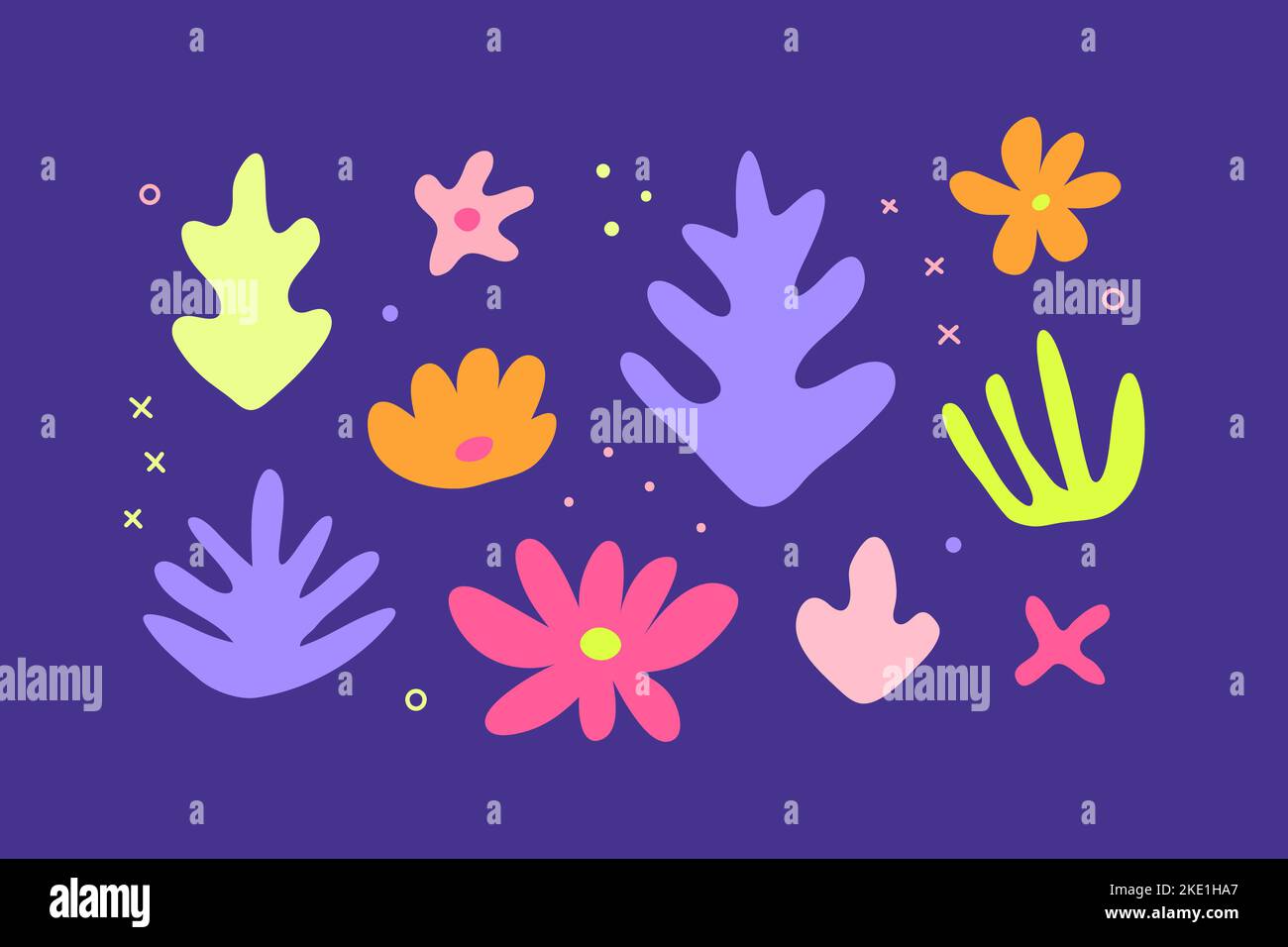 Set of simple doodle colorful tropical leaves and flowers isolated on ...