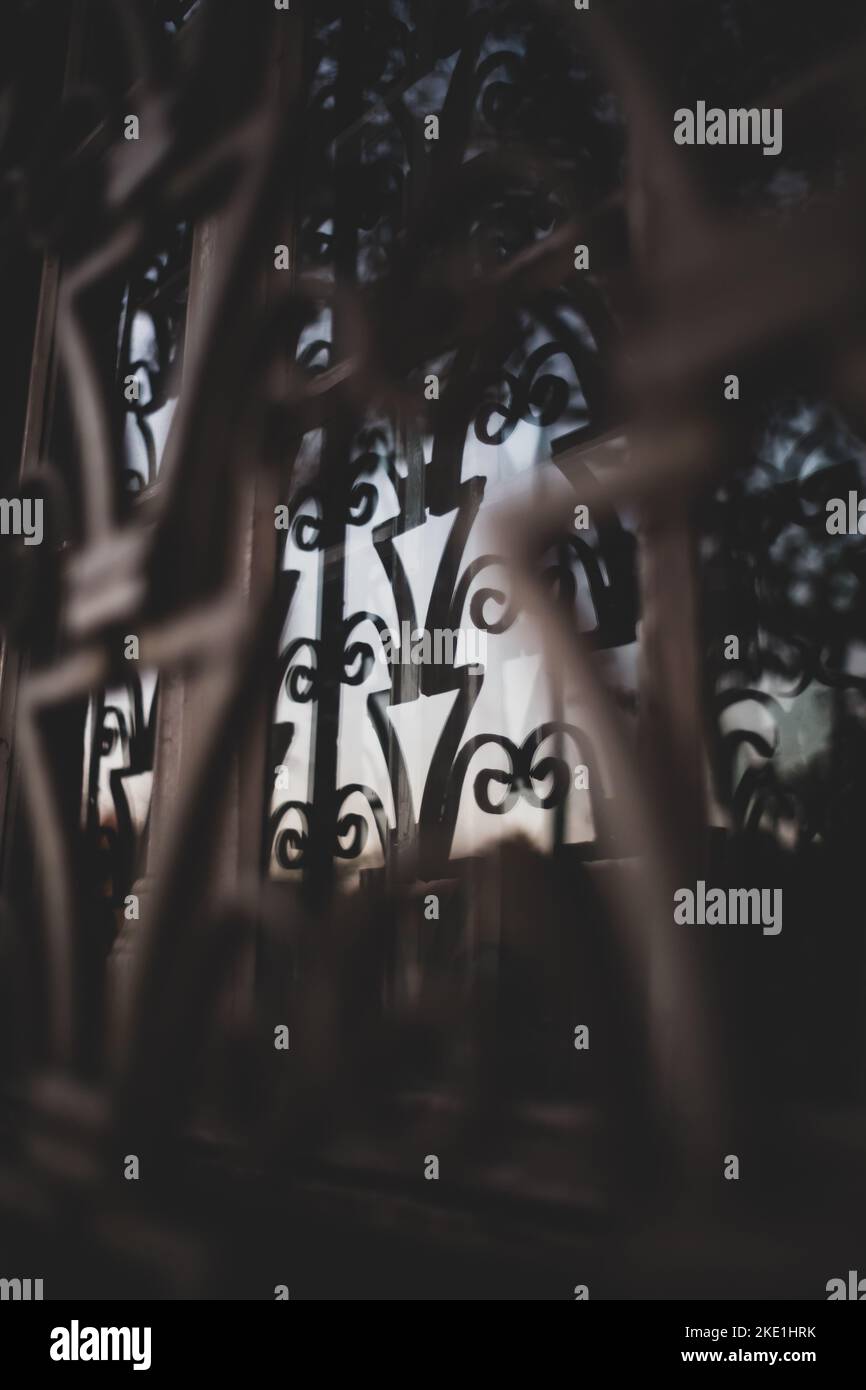 A vertical shot of ornamented metal bars reflected in the window Stock ...